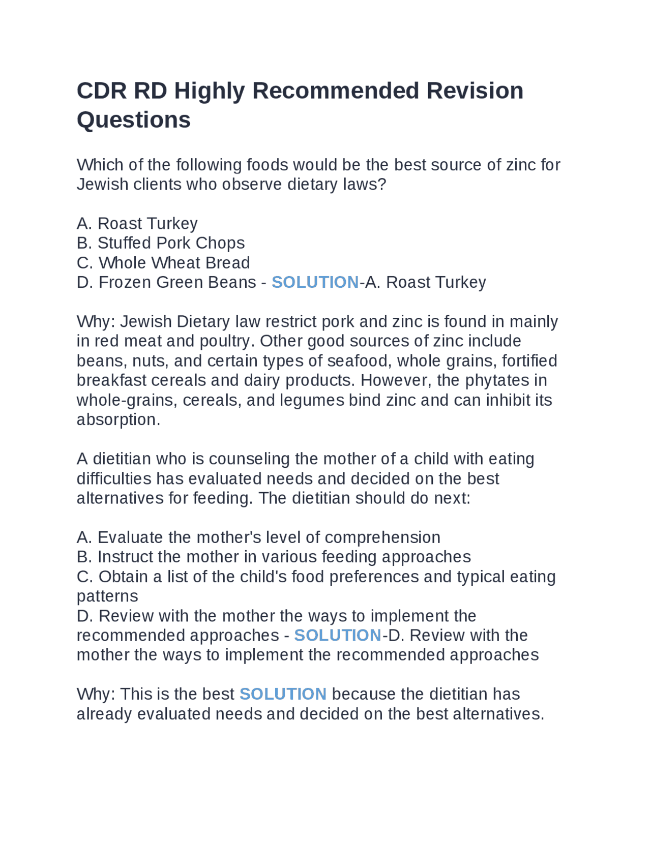 CDR RD Highly Recommended Revision Questions | Exams Nursing | Docsity