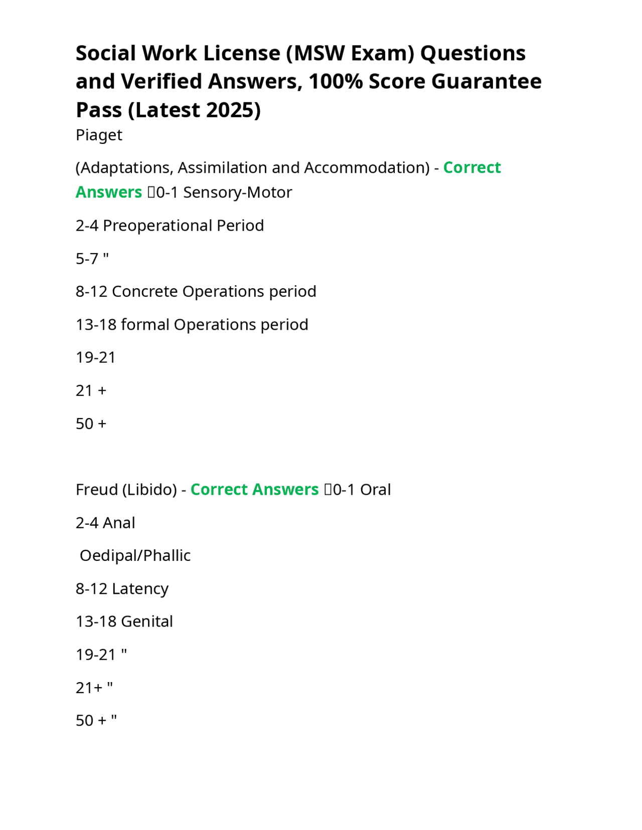Social Work License Exam Questions and Answers: Piaget, Freud, and ...