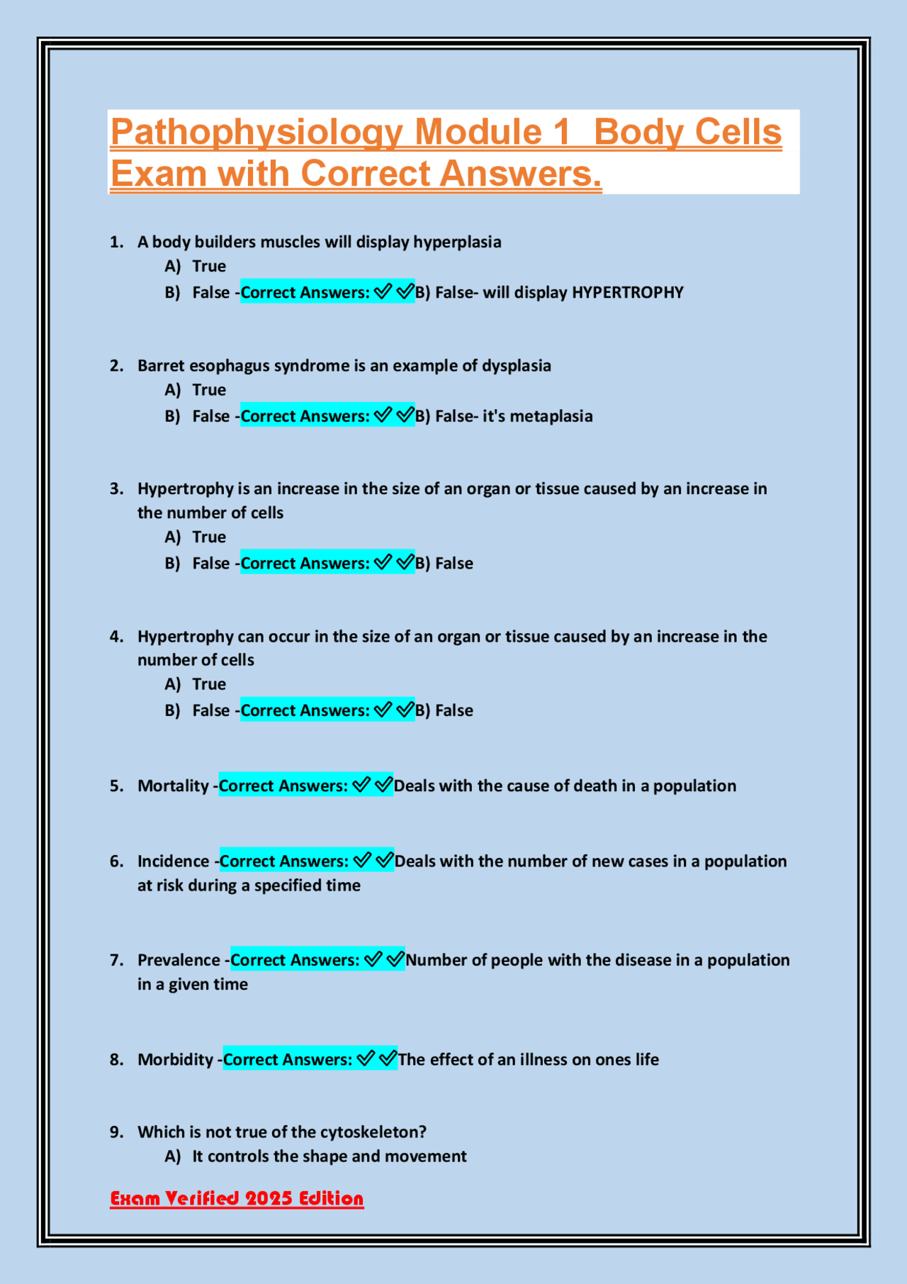 Pathophysiology Module 1: Body Cells Exam with Correct Answers | Exams Nursing | Docsity
