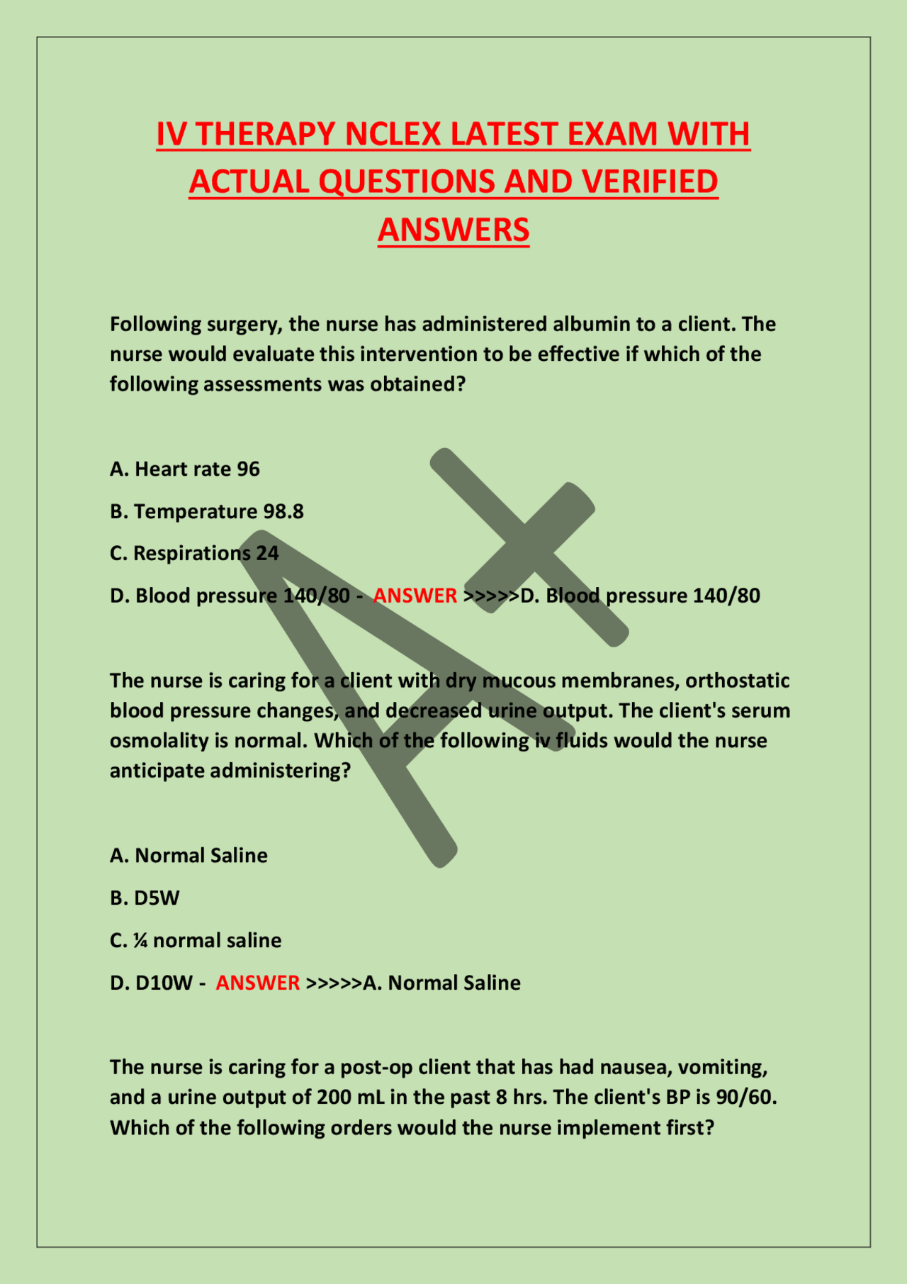 IV THERAPY NCLEX LATEST EXAM WITH ACTUAL QUESTIONS AND VERIFIED ANSWERS ...