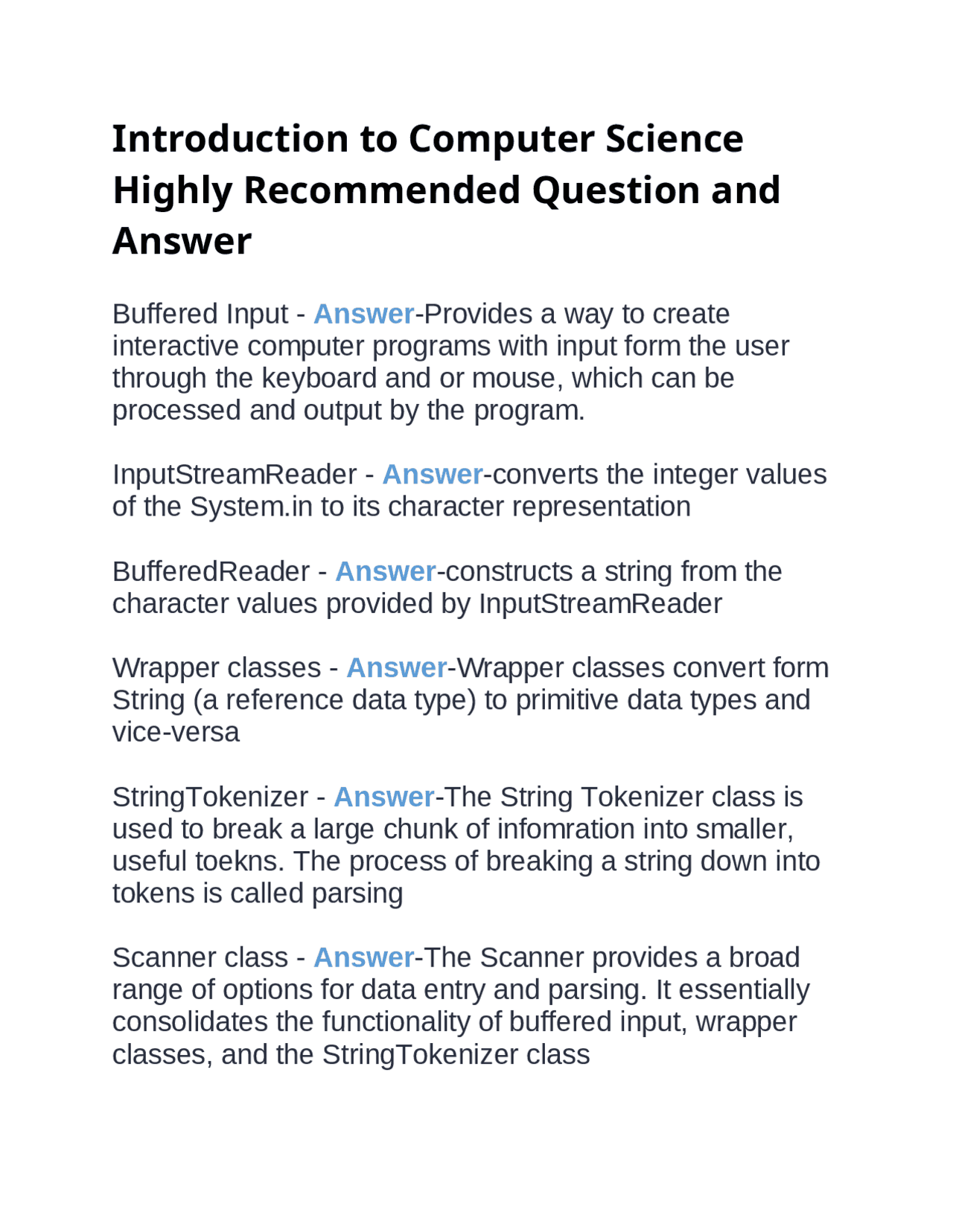 Introduction to Computer Science Highly Recommended Question and Answer ...