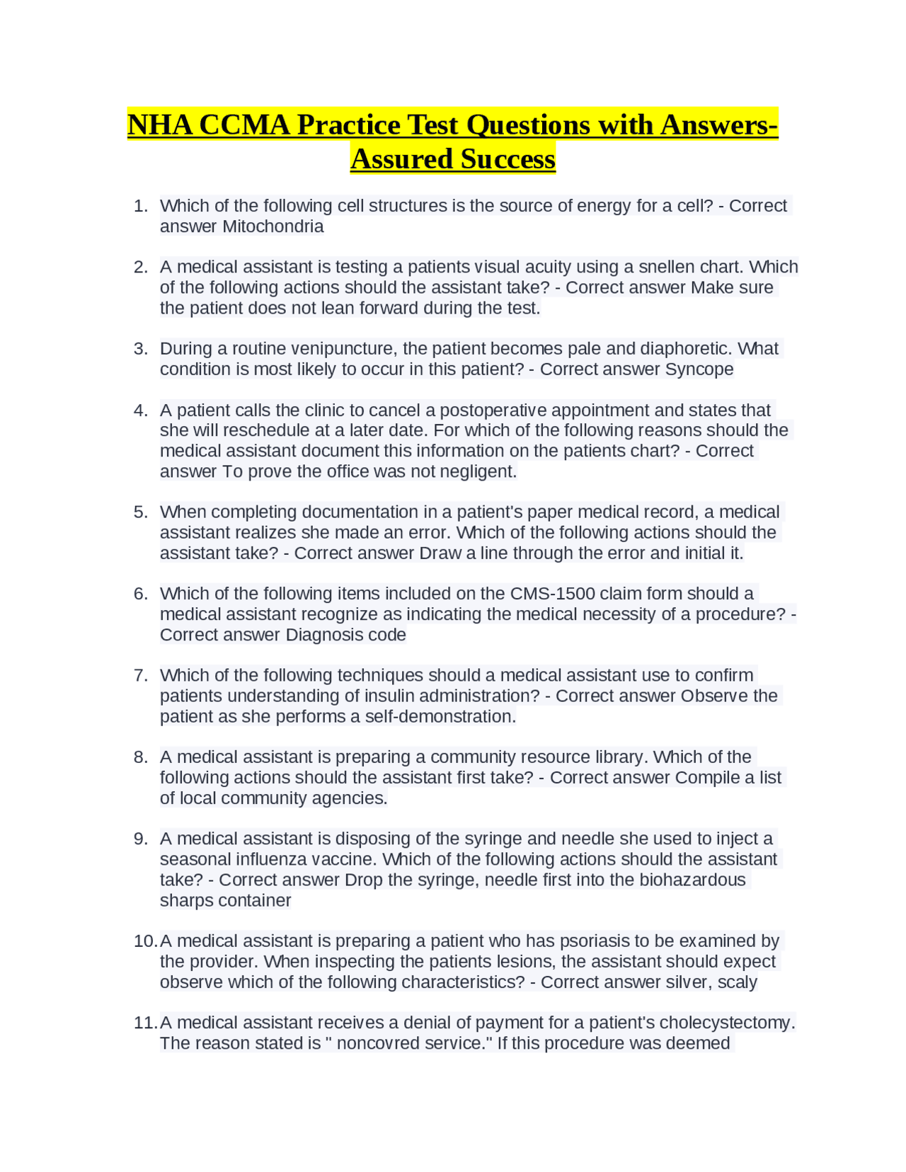 NHA CCMA Practice Test Questions with Answers-Assured Success | Exams ...
