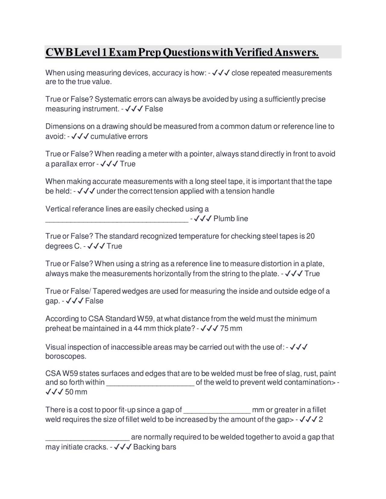 CWB Level 1 Exam Prep Questions with Verified Answers. | Exams Physics ...