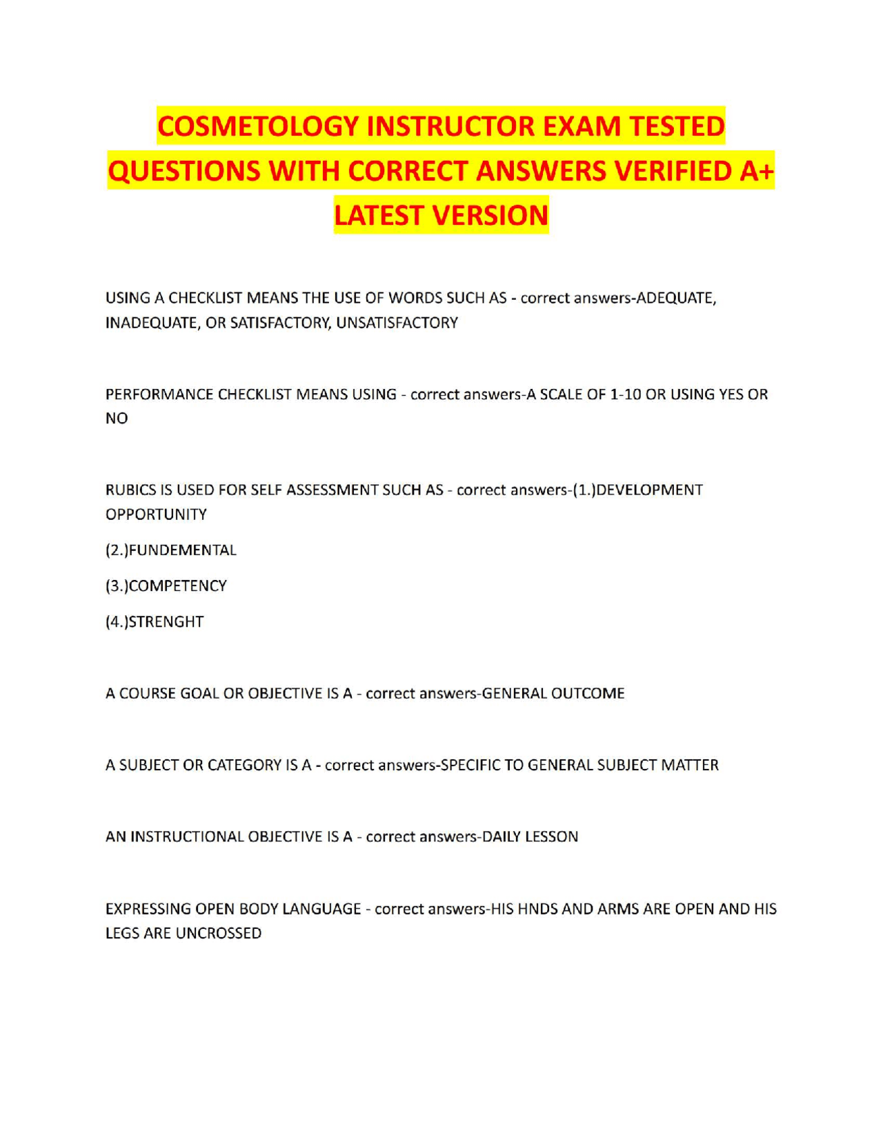 COSMETOLOGY INSTRUCTOR EXAM TESTED QUESTIONS WITH CORRECT ANSWERS ...