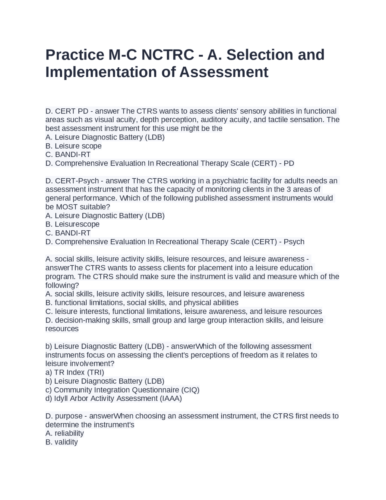 Practice M-C NCTRC - A. Selection and Implementation of Assessment ...