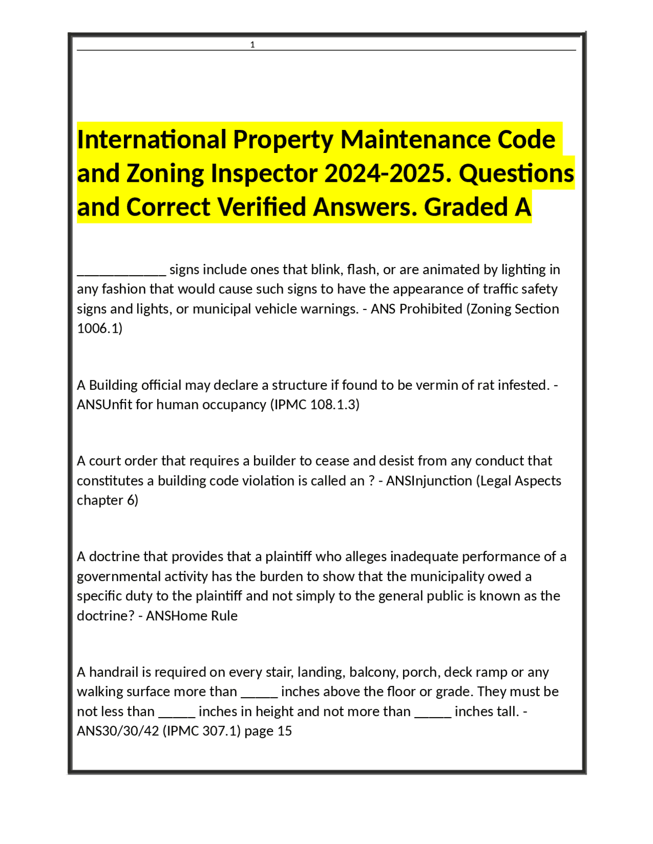 International Property Maintenance Code and Zoning Inspector 2024-2025.Questions & Answers ...