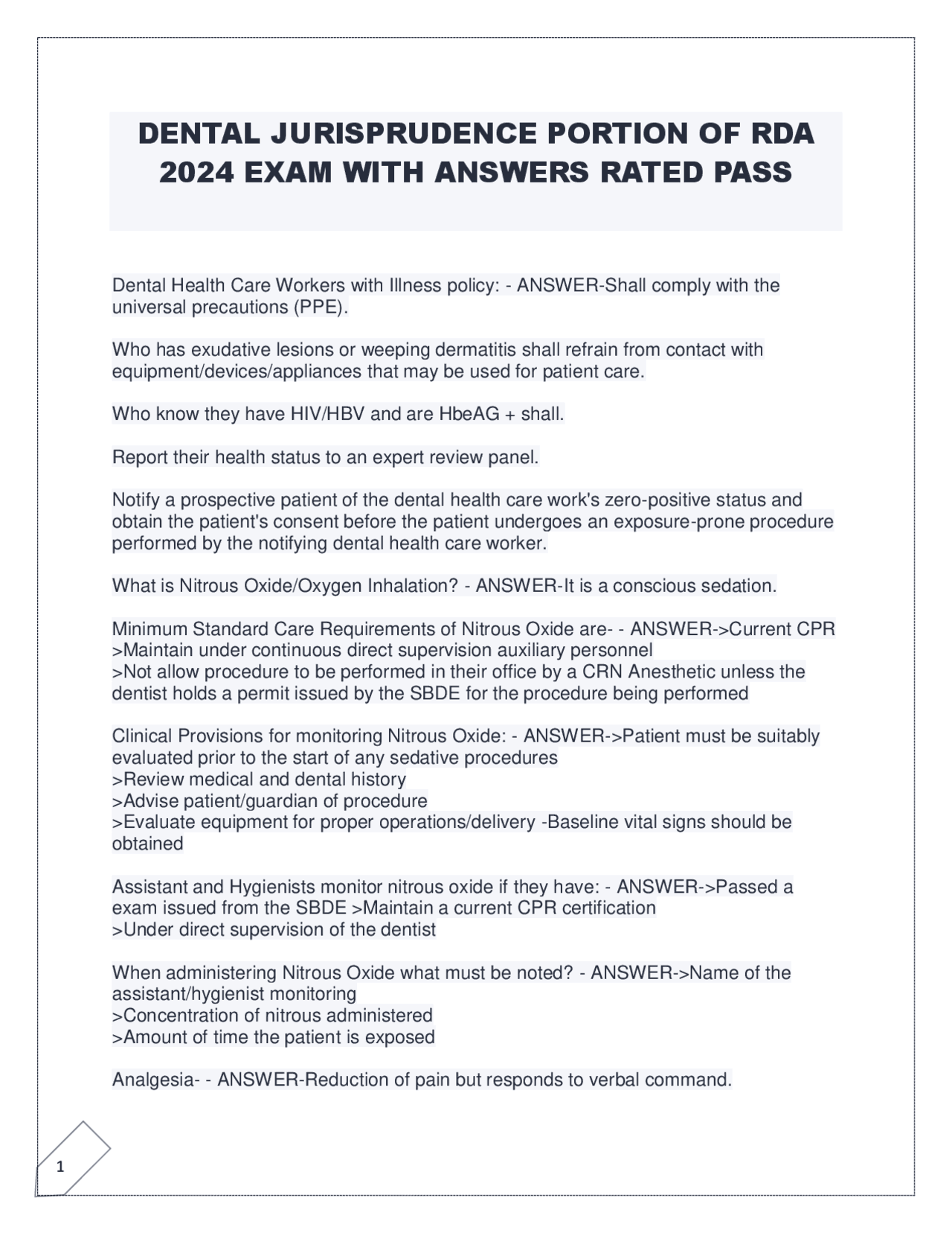 DENTAL JURISPRUDENCE PORTION OF RDA 2024 EXAM WITH ANSWERS RATED PASS ...