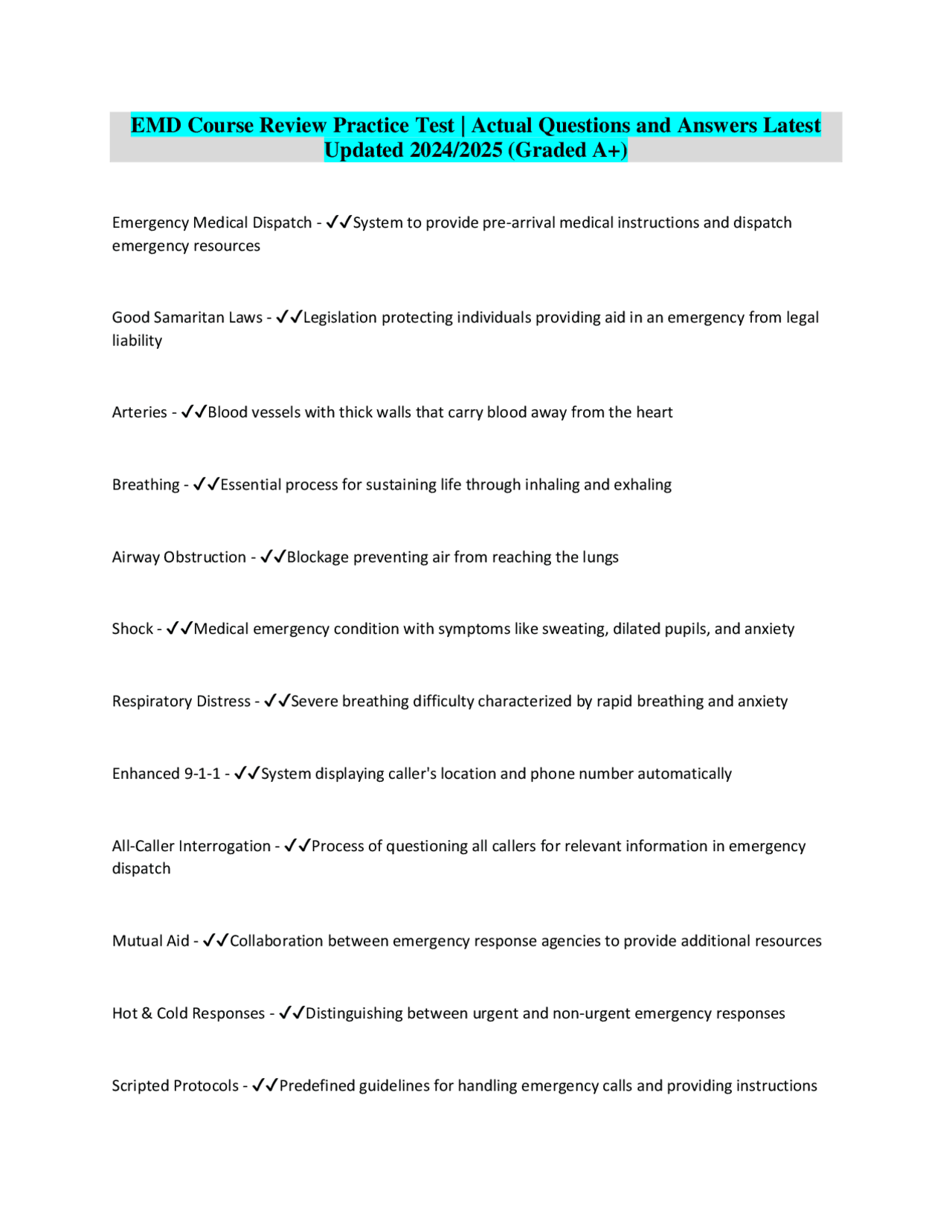 Emergency Medical Dispatch (EMD) Course Review Practice Test: Actual ...