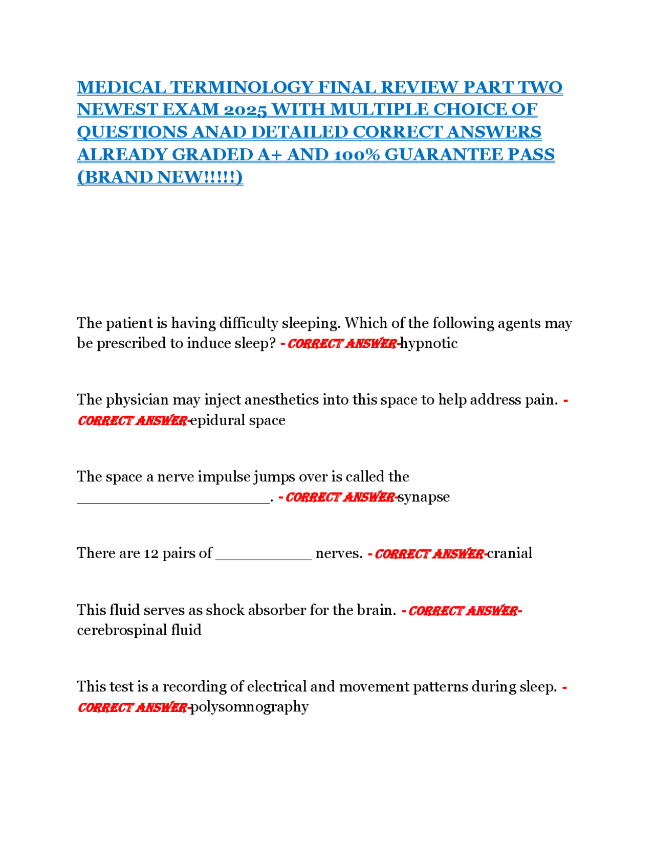 MEDICAL TERMINOLOGY FINAL REVIEW PART TWO NEWEST EXAM 2025 WITH ...
