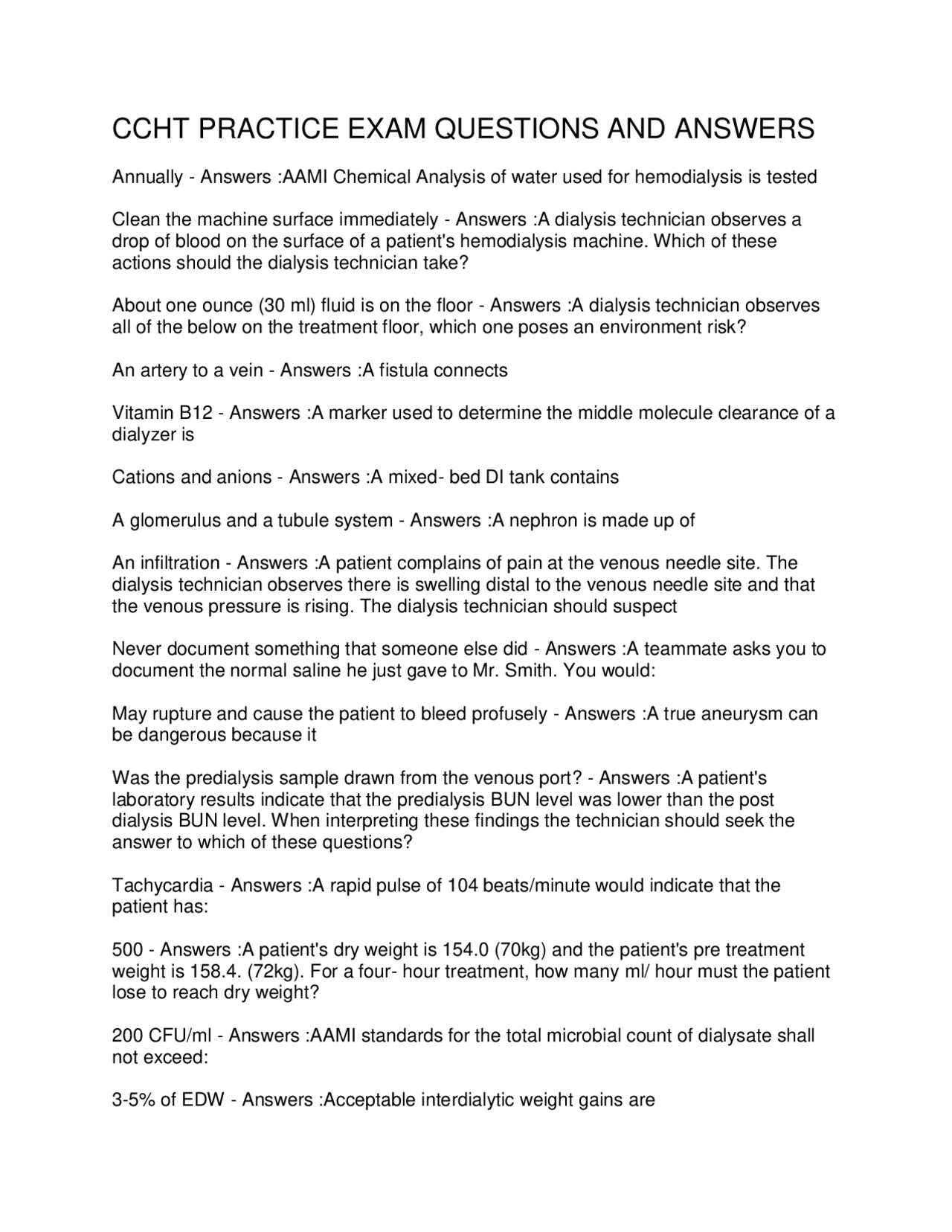 CCHT Practice Exam: Hemodialysis Technician Guide | Exams Social ...