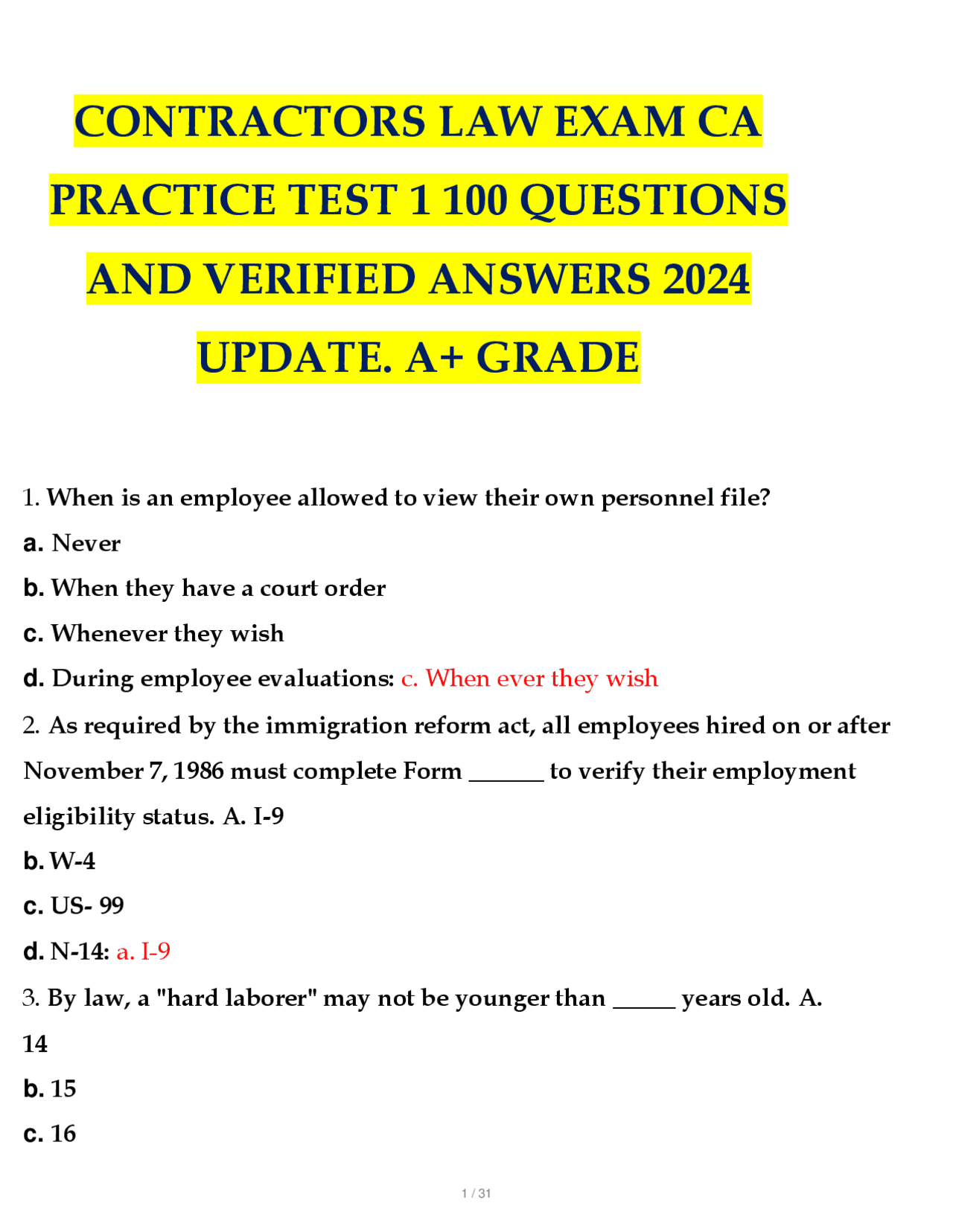 Contractors Law Exam CA Practice Test 1: 100 Questions and Verified ...
