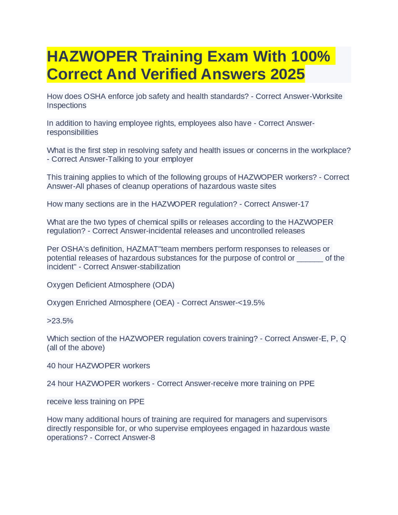 HAZWOPER Training Exam With 100% Correct And Verified Answers 2025 ...