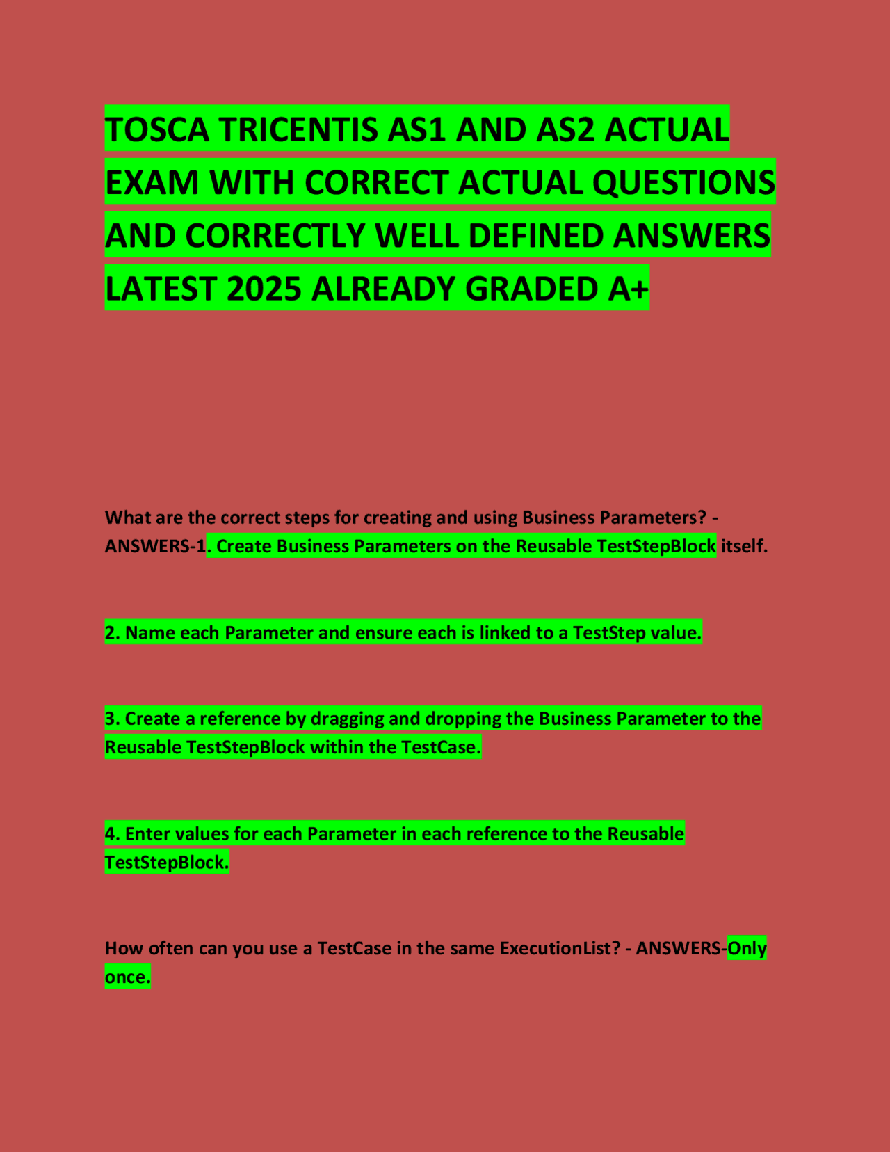 TOSCA TRICENTIS AS1 AND AS2 ACTUAL EXAM WITH CORRECT ACTUAL QUESTIONS ...