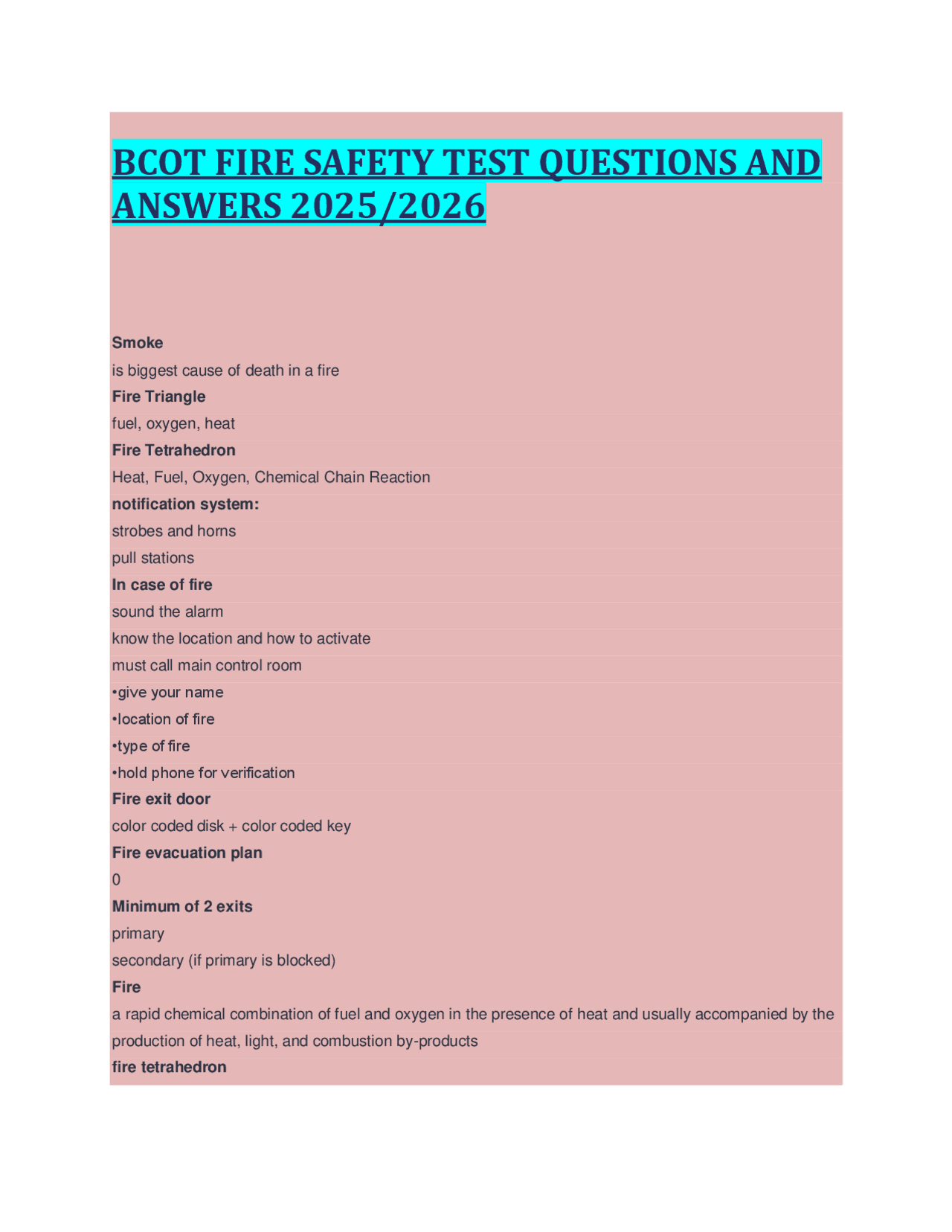 BCOT FIRE SAFETY TEST QUESTIONS AND ANSWERS 2025/2026 | Exams Safety ...