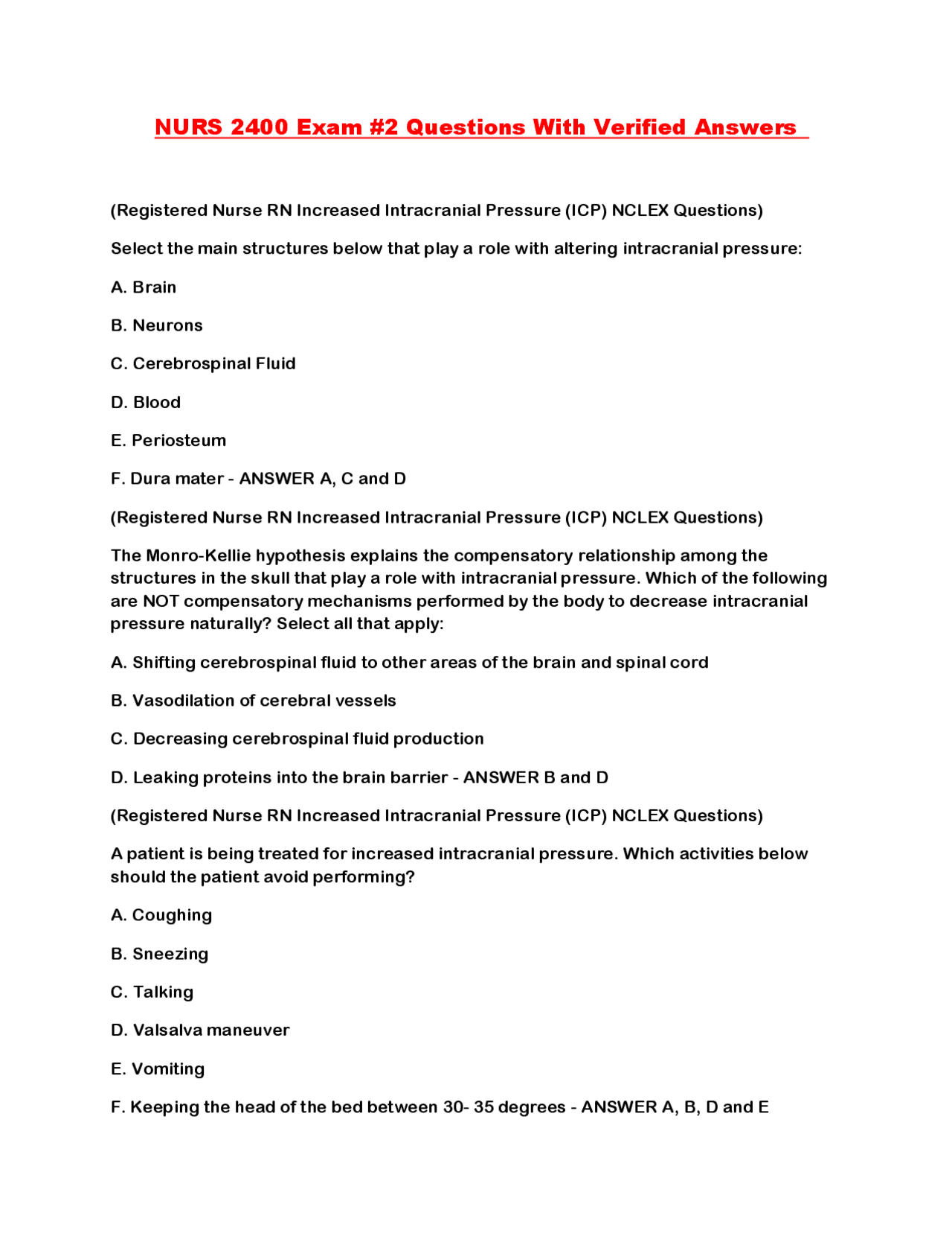 NURS 2400 Exam #2: Increased Intracranial Pressure (ICP) NCLEX ...
