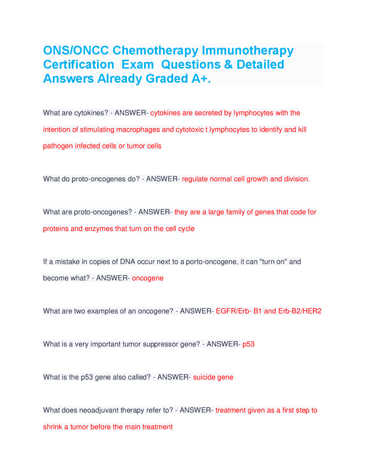 ONS/ONCC Chemotherapy Immunotherapy Certification Exam Questions and ...