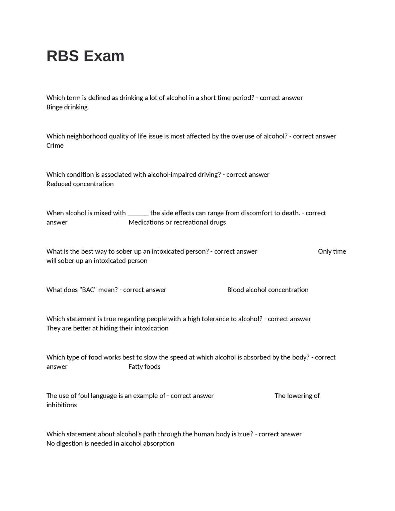 Responsible Beverage Service (RBS) Exam Questions and Answers | Exams ...