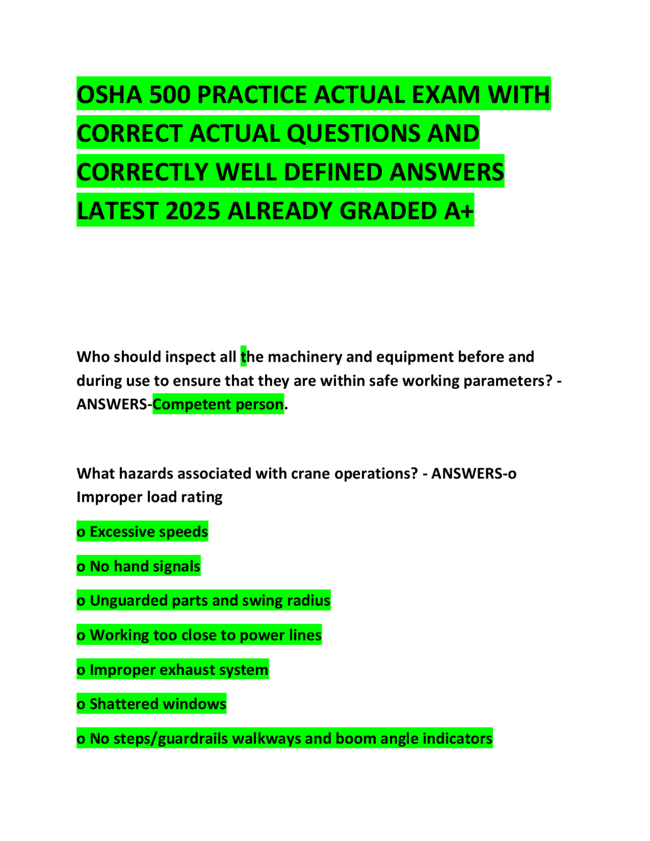 OSHA 500 PRACTICE ACTUAL EXAM WITH CORRECT ACTUAL QUESTIONS AND ANSWERS ...