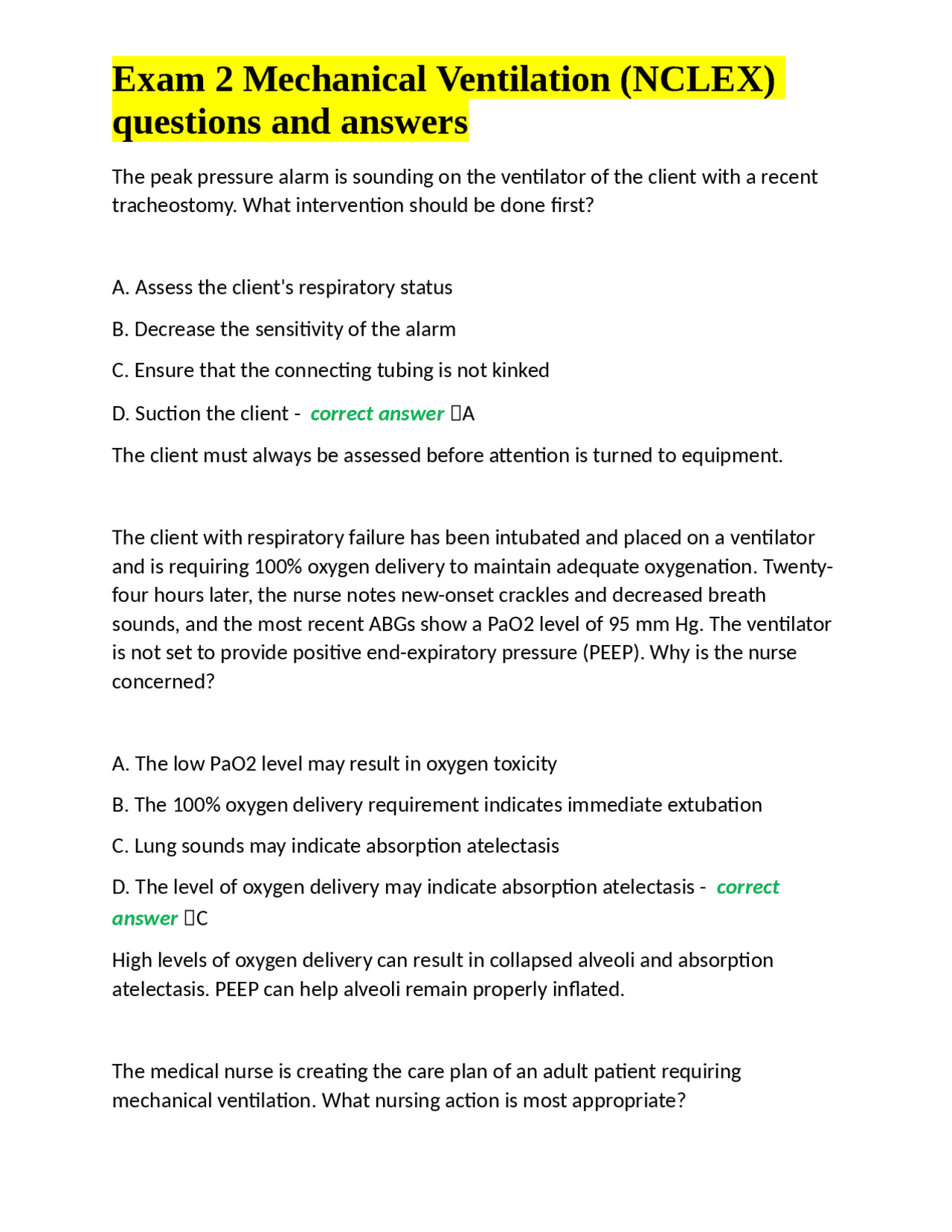 Exam 2 Mechanical Ventilation (NCLEX) questions and answers | Exams ...