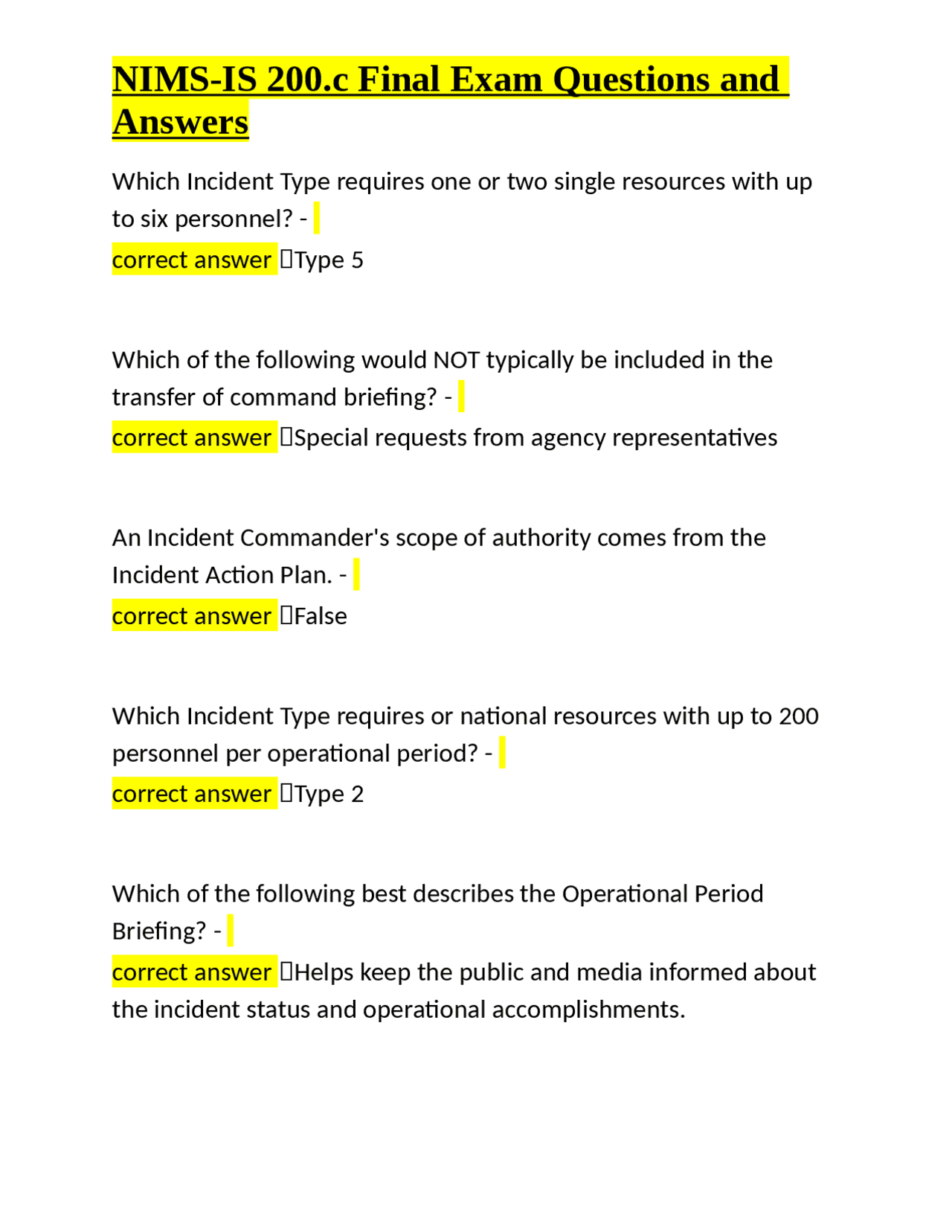 NIMS-IS 200.c Final Exam Questions and Answers | Exams Social Sciences | Docsity