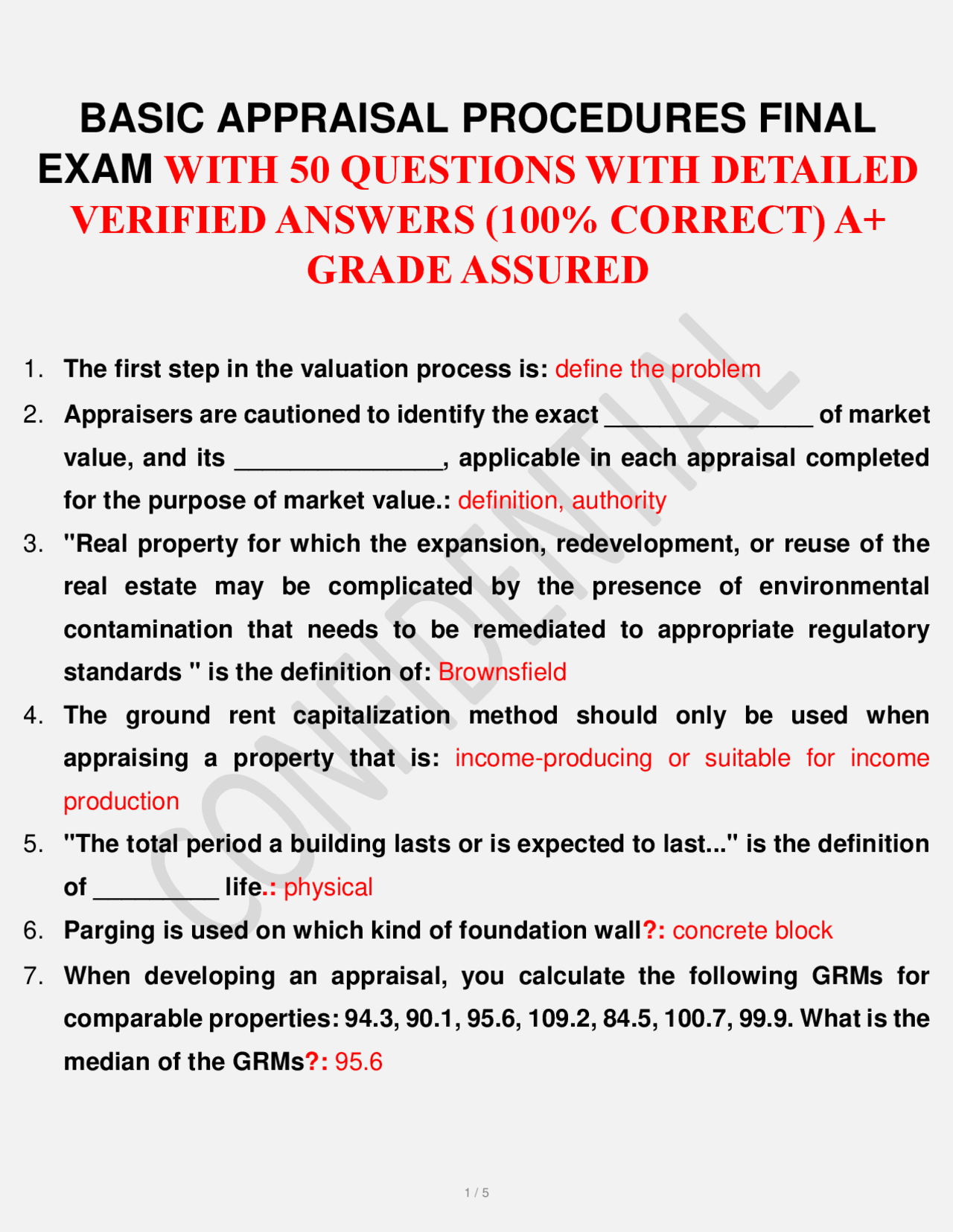 BASIC APPRAISAL PROCEDURES FINAL EXAM WITH 50 QUESTIONS WITH DETAILED ...