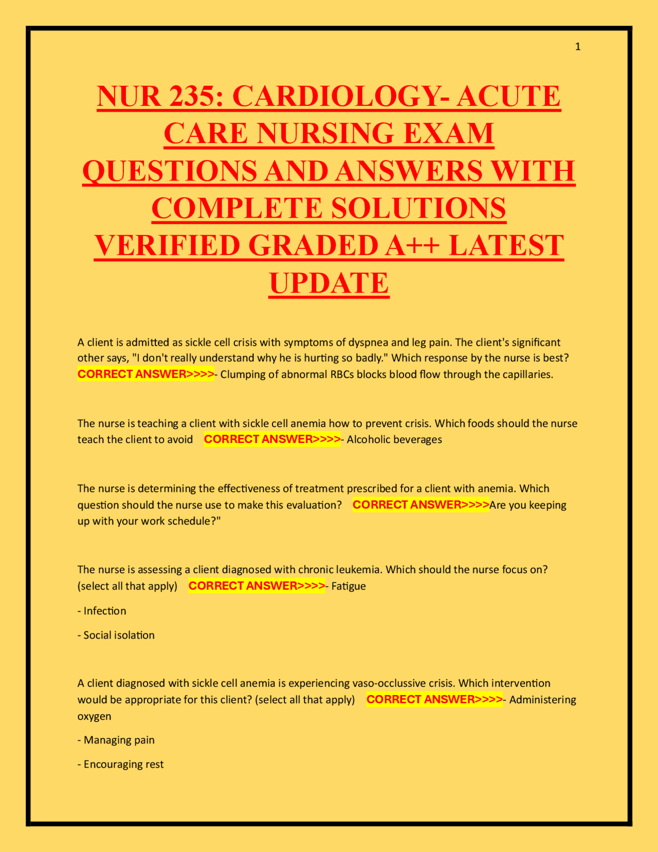 NUR 235: CARDIOLOGY- ACUTE CARE NURSING EXAM QUESTIONS AND ANSWERS 100 ...