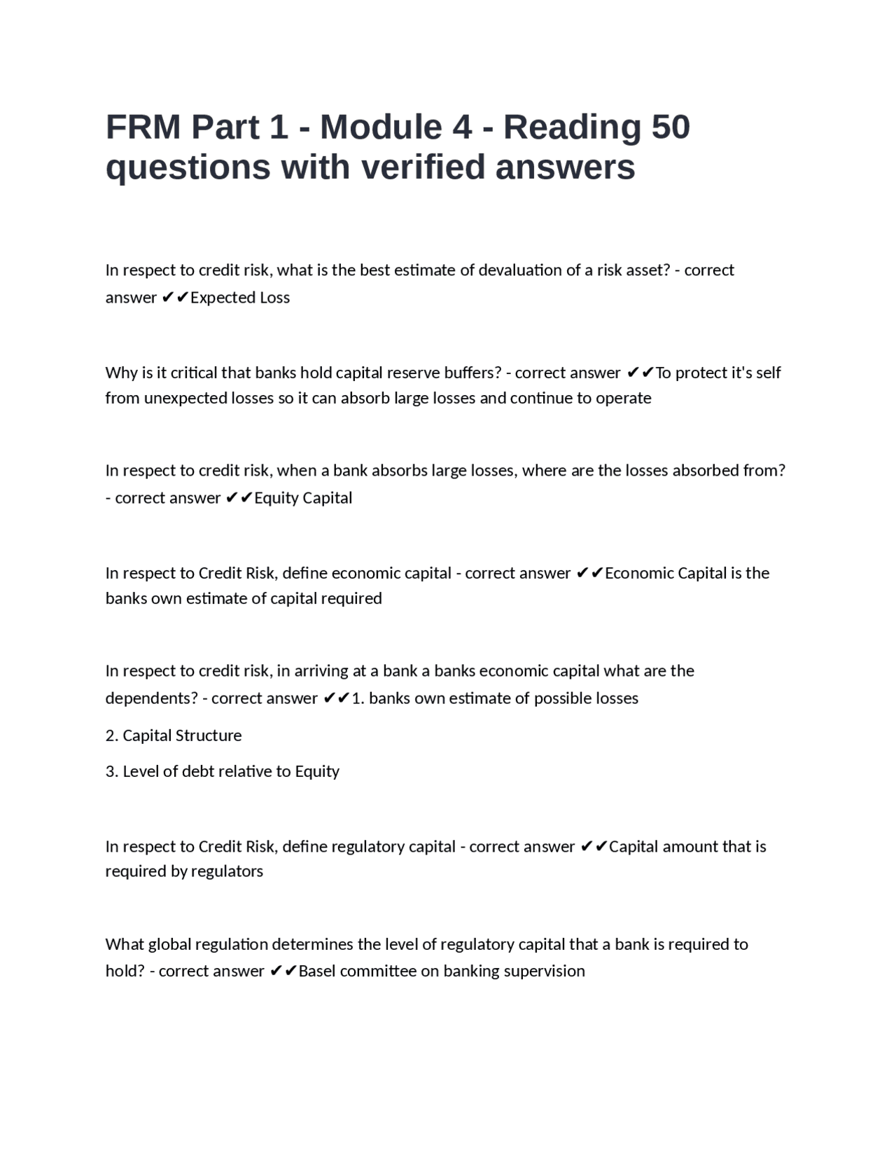 FRM Part 1 - Module 4 - Reading 50 questions with verified answers -8.docx | Exams Nursing | Docsity