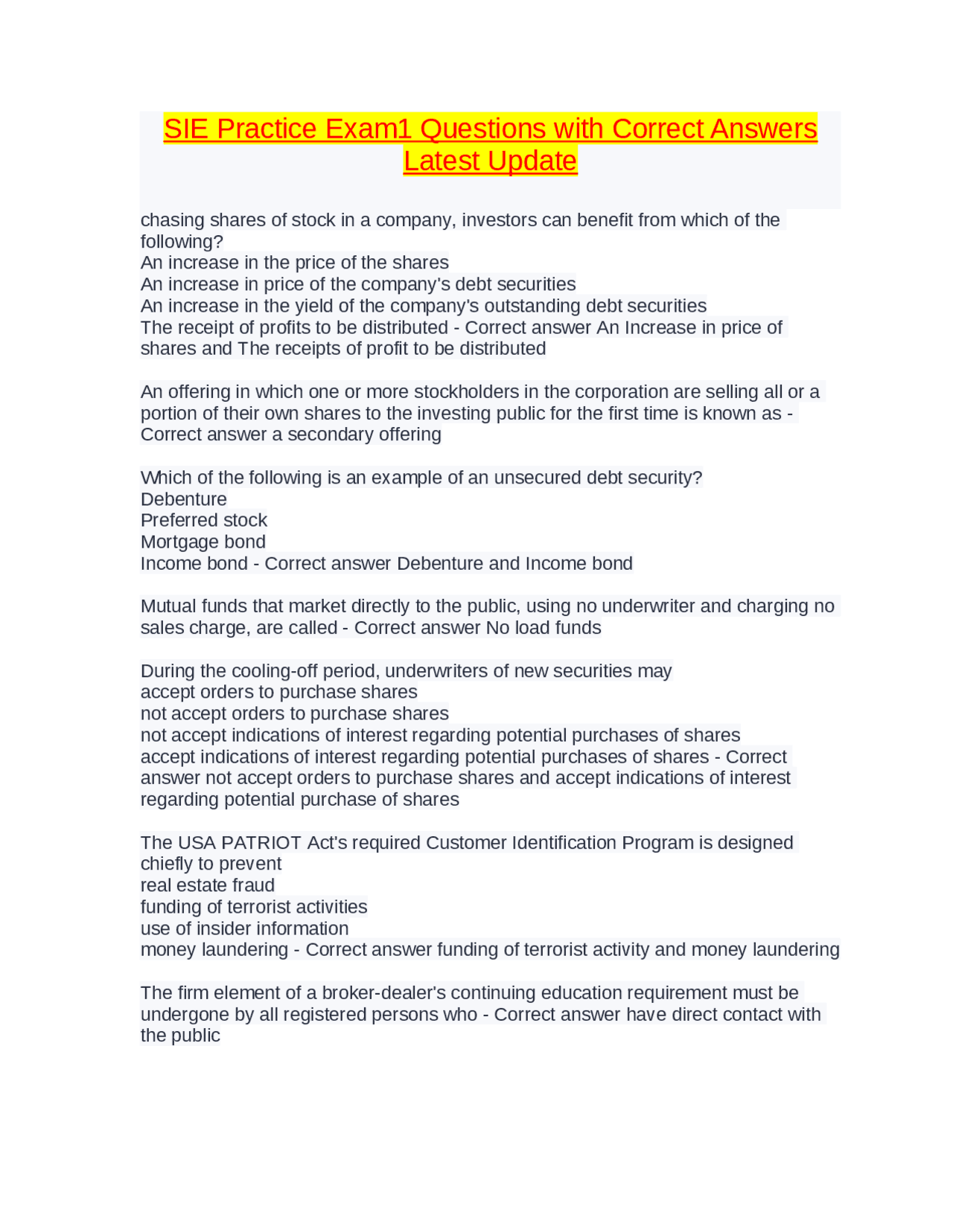 SIE Practice Exam1 Questions with Correct Answers Latest Update | Exams ...