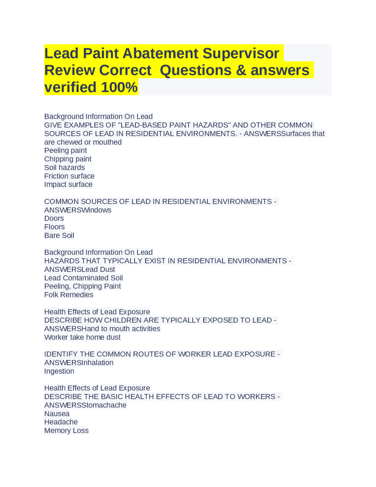 Lead Paint Abatement Supervisor Review: Questions and Answers | Exams ...