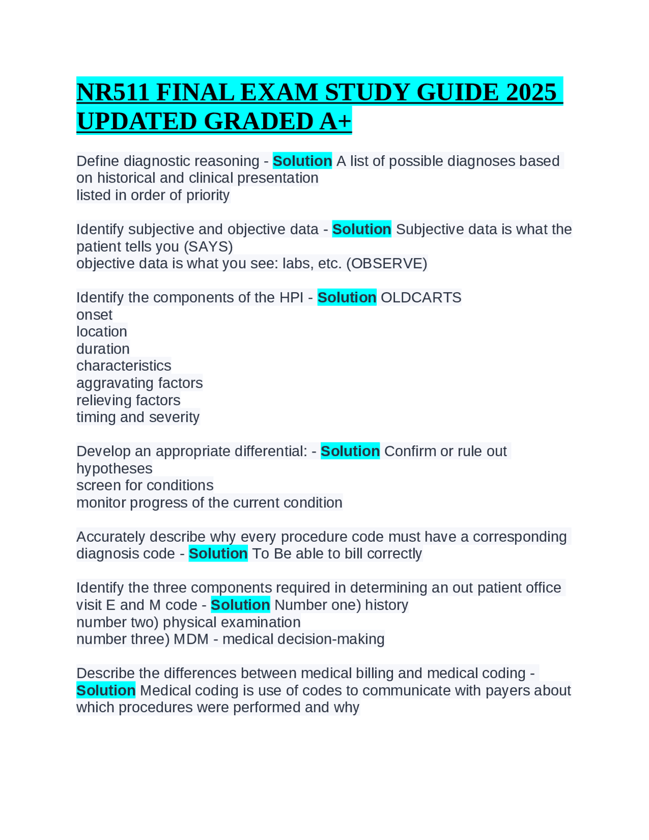 NR511 Final Exam Study Guide 2025: Key Concepts & Clinical Applications | Exams Nursing | Docsity