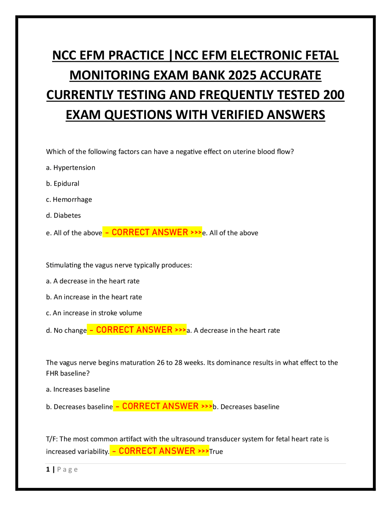 NCC EFM PRACTICE |NCC EFM ELECTRONIC FETAL MONITORING EXAM BANK 2025 ...
