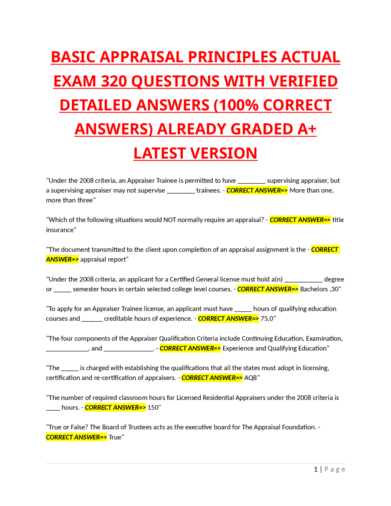BASIC APPRAISAL PRINCIPLES ACTUAL EXAM 320 QUESTIONS WITH VERIFIED ...
