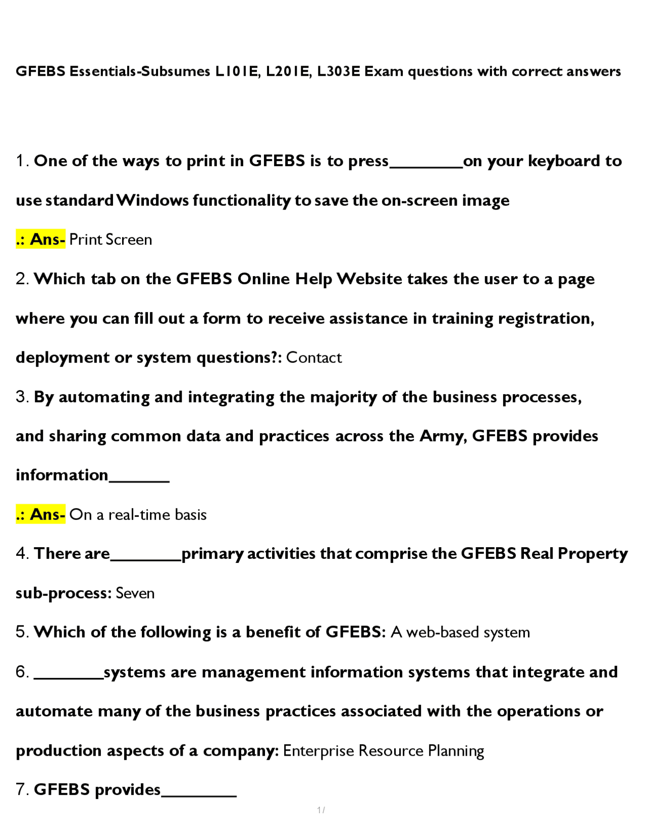 GFEBS Essentials Exam Questions and Answers | Exams Mathematics | Docsity