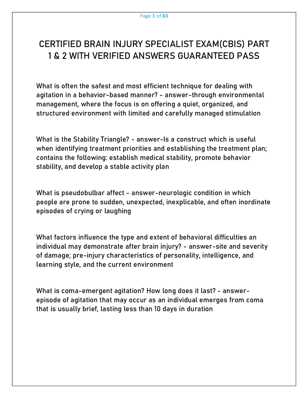 CERTIFIED BRAIN INJURY SPECIALIST EXAM(CBIS) PART 1 & 2 WITH VERIFIED ...