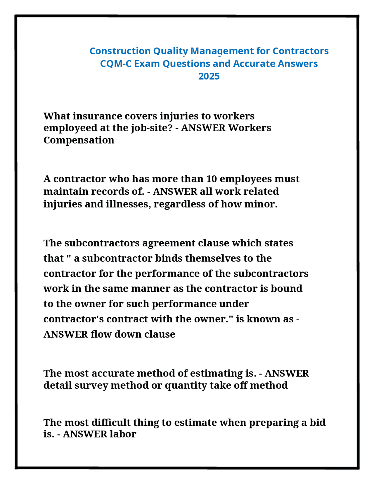 Construction Quality Management for Contractors CQM-C Exam Questions ...