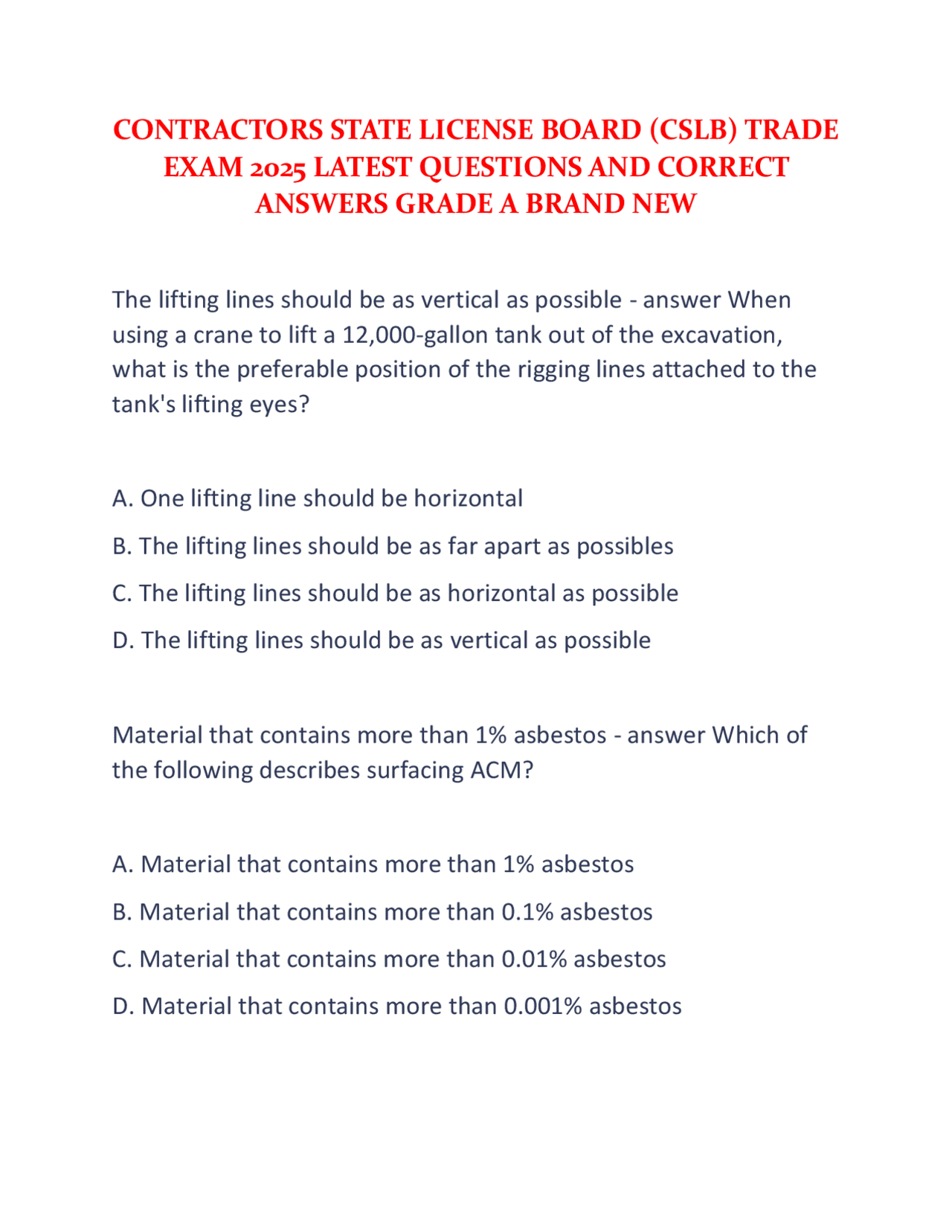 CONTRACTORS STATE LICENSE BOARD (CSLB) TRADE EXAM 2025 LATEST QUESTIONS ...