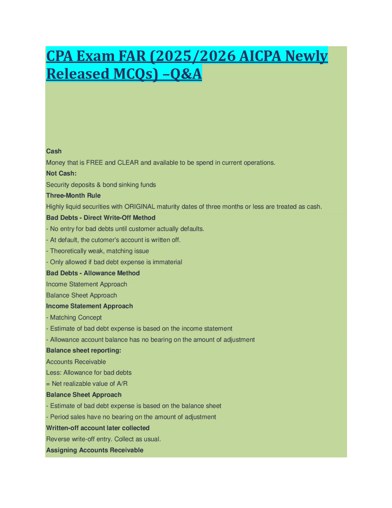 CPA Exam FAR (2025/2026 AICPA Newly Released MCQs) –Q&A | Exams Business Administration | Docsity