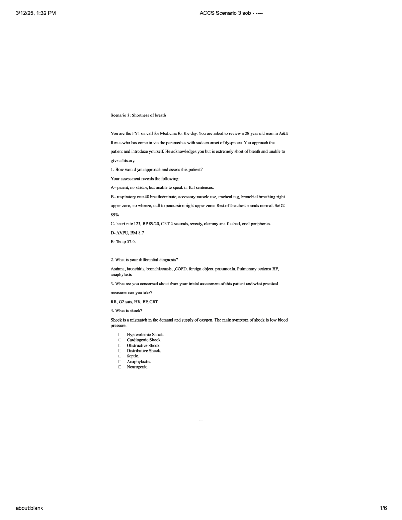 ACCS Scenario 3 sob-Medicine | Study notes Medicine | Docsity