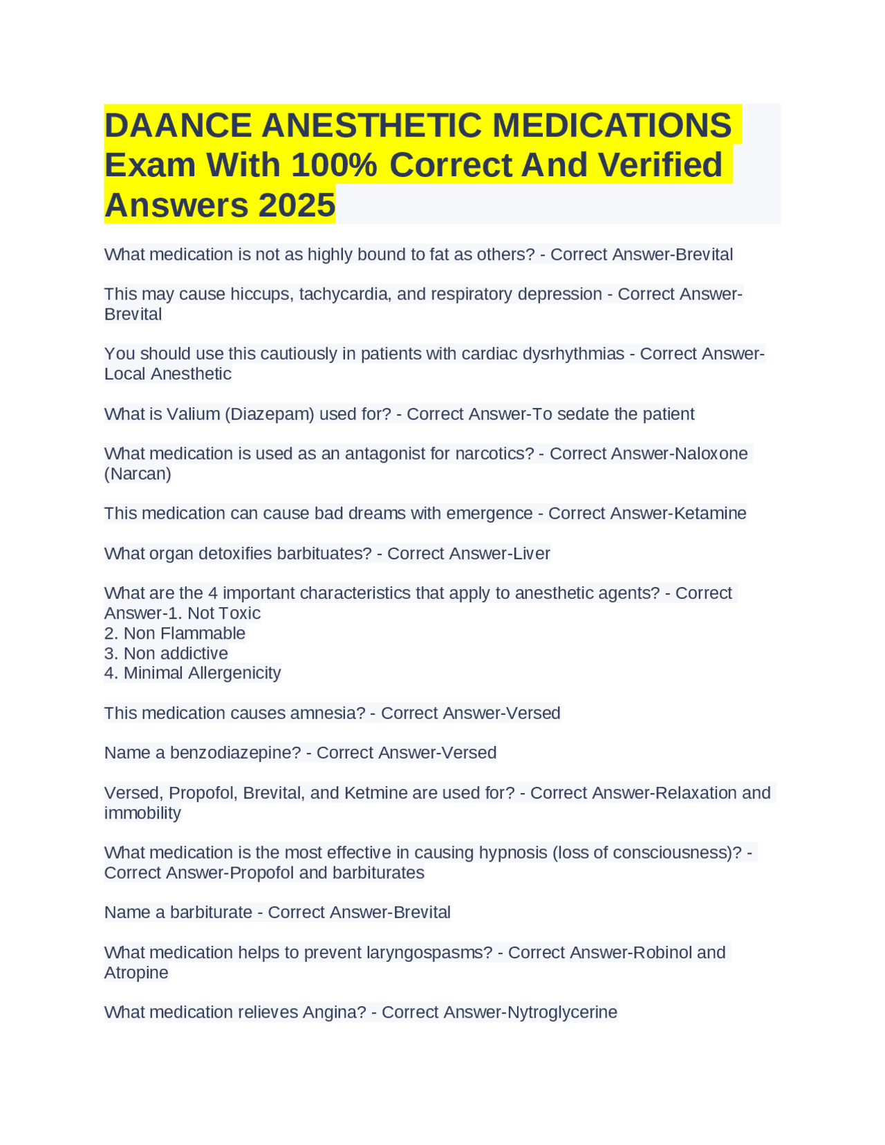 DAANCE ANESTHETIC MEDICATIONS Exam With 100% Correct And Verified ...