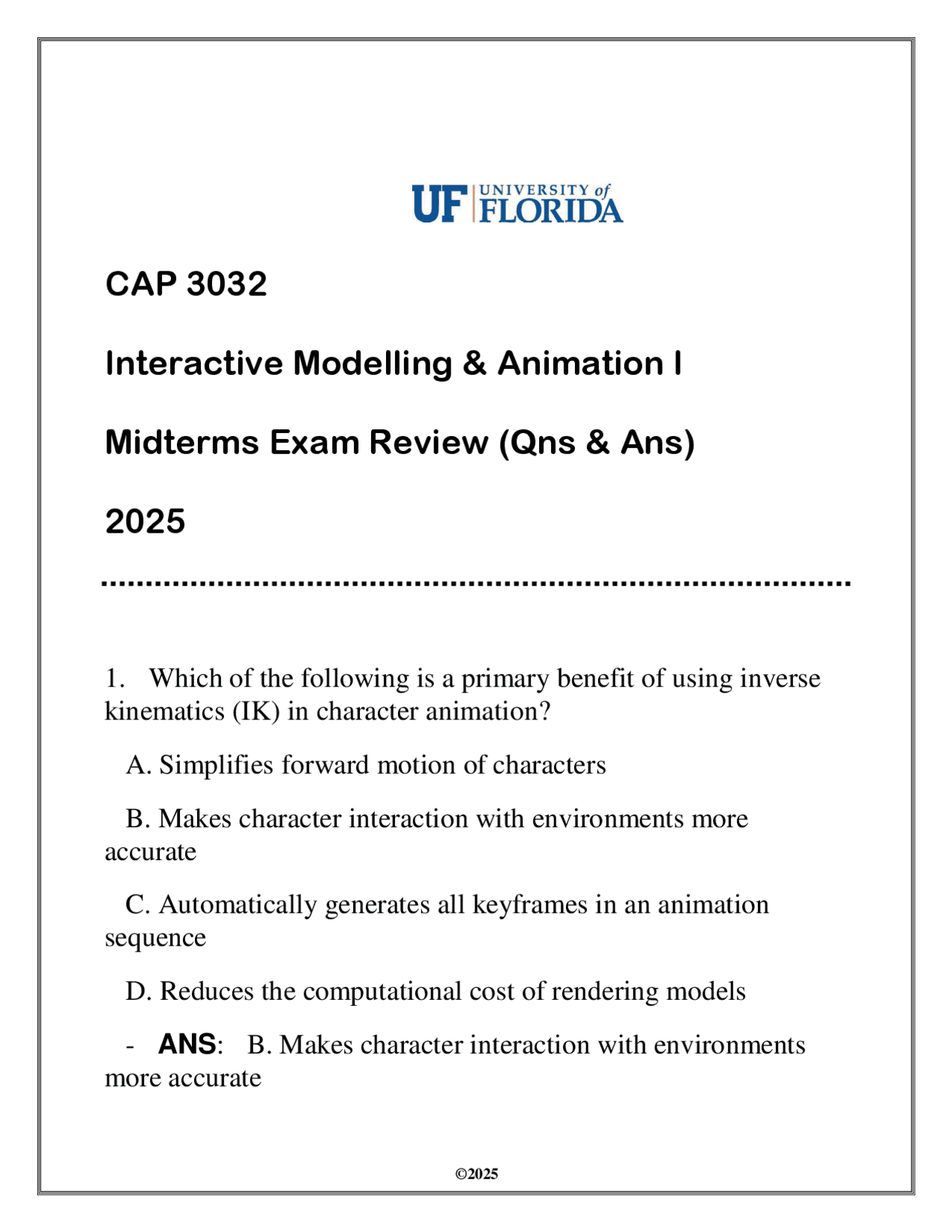 CAP 3032 Interactive Modelling & Animation I Midterms Exam Review (Qns & Ans) | Exams Computer ...
