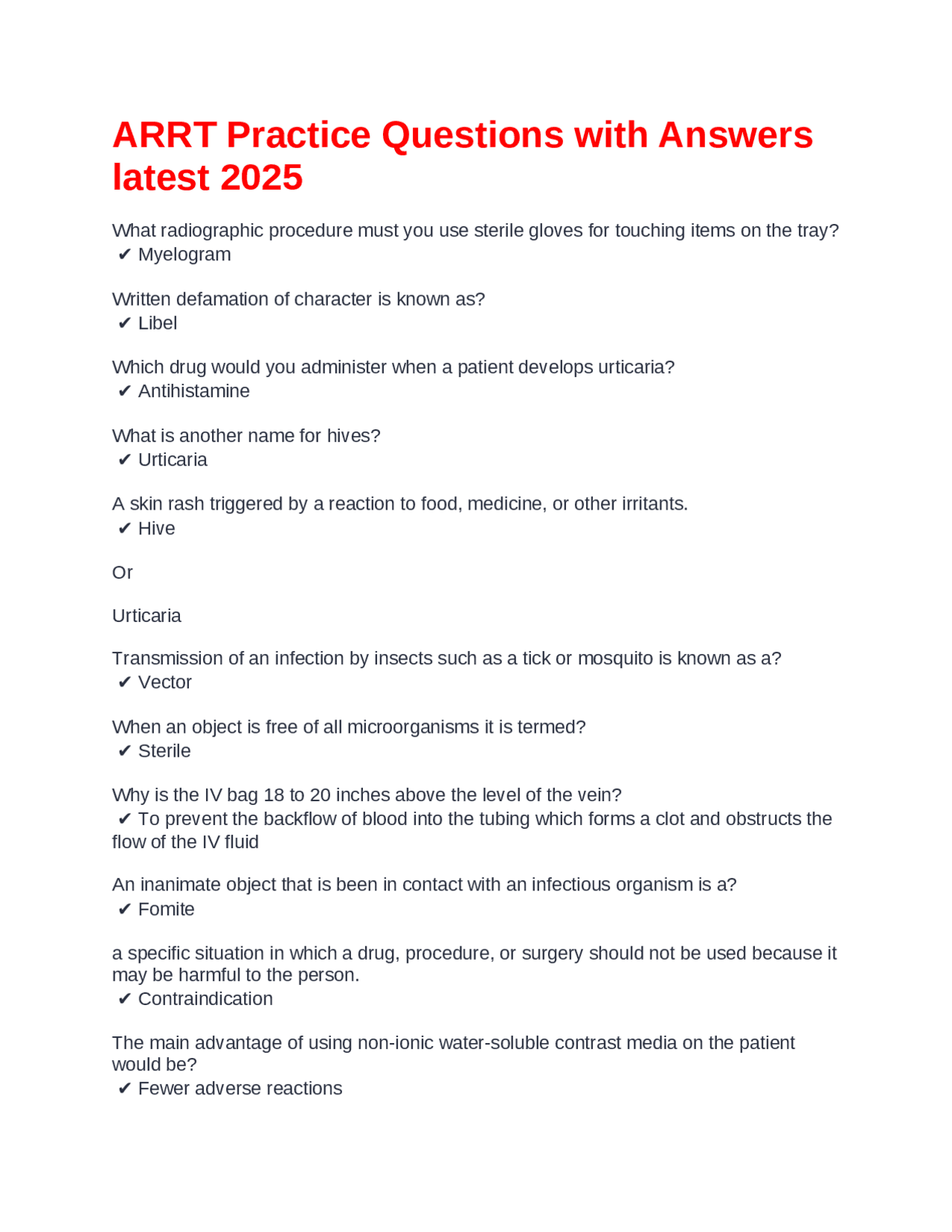 ARRT Practice Questions with Answers latest 2025 | Exams Nursing | Docsity