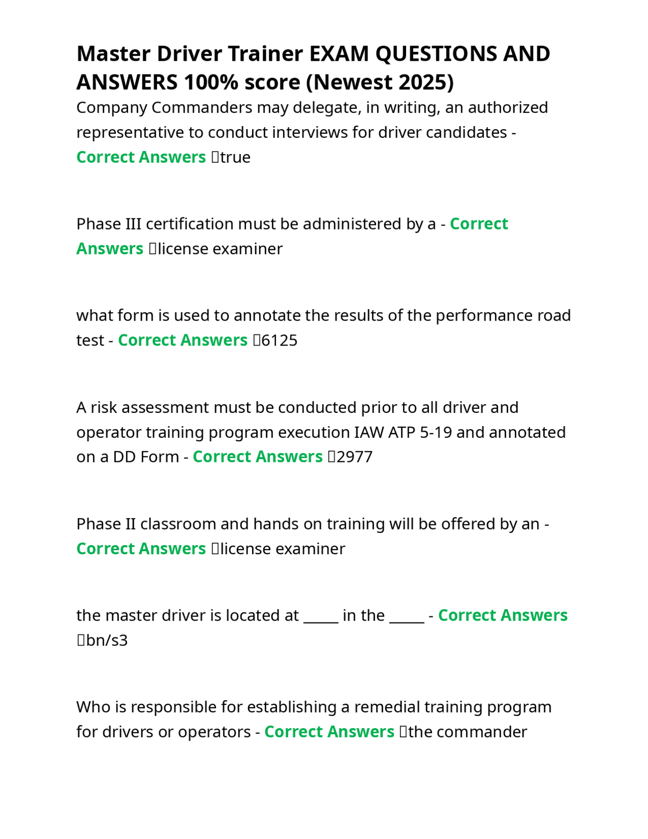 Master Driver Trainer EXAM QUESTIONS AND ANSWERS 100% score (Newest ...