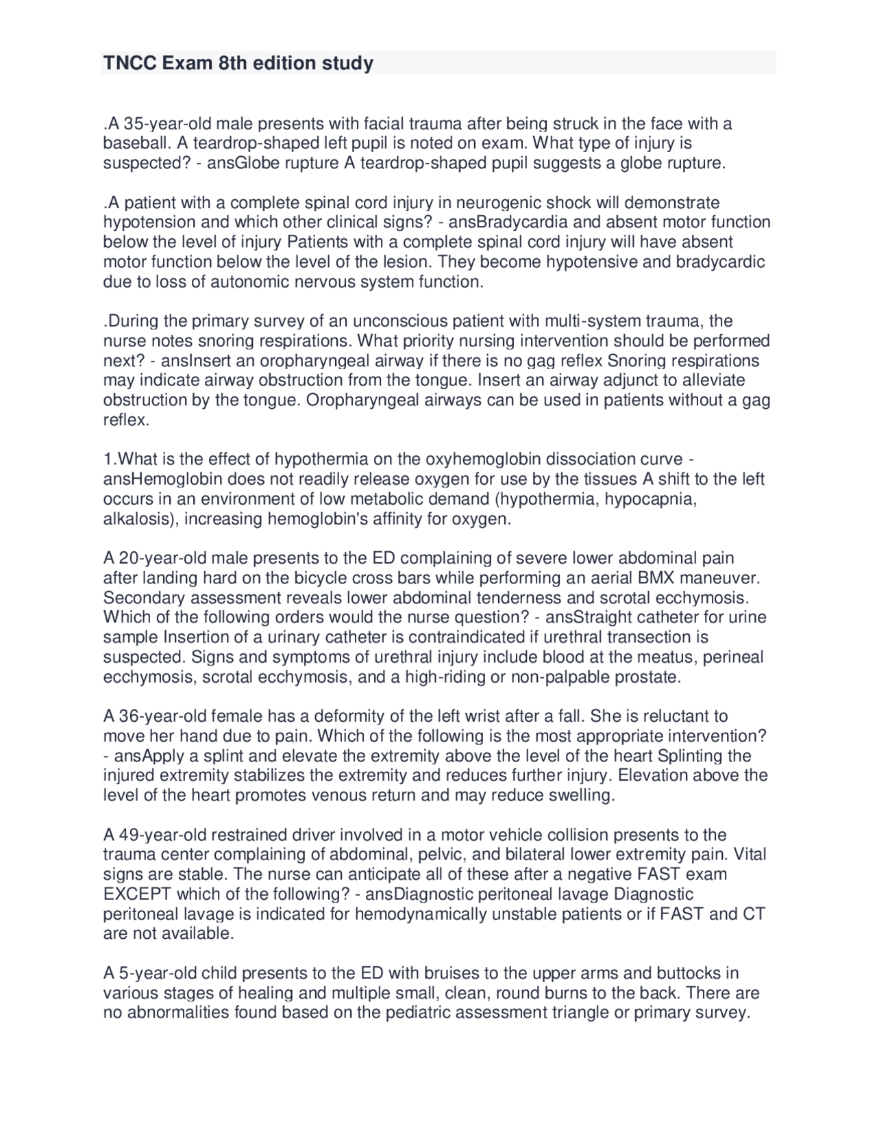 TNCC Exam 8th edition study (1).pdf | Exams Nursing | Docsity