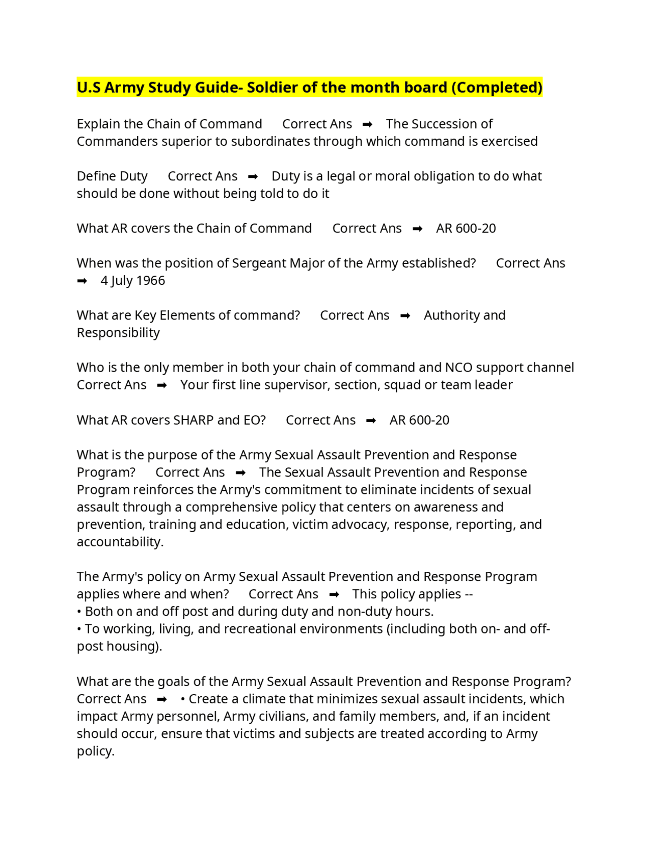 U.S Army Study Guide- Soldier of the month board (Completed) | Exams Nursing | Docsity