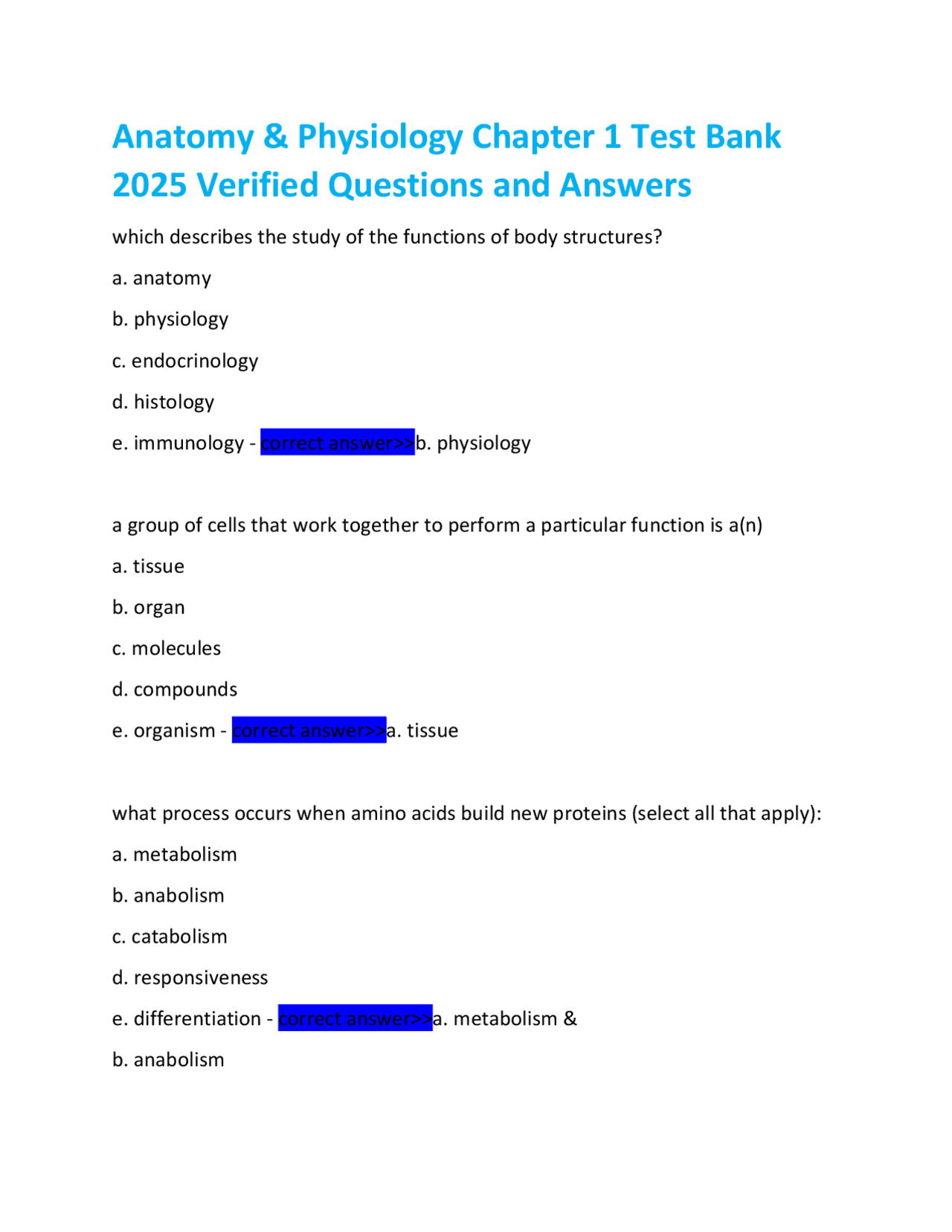 Anatomy & Physiology Chapter 1 Test Bank 2025 Verified Questions and ...