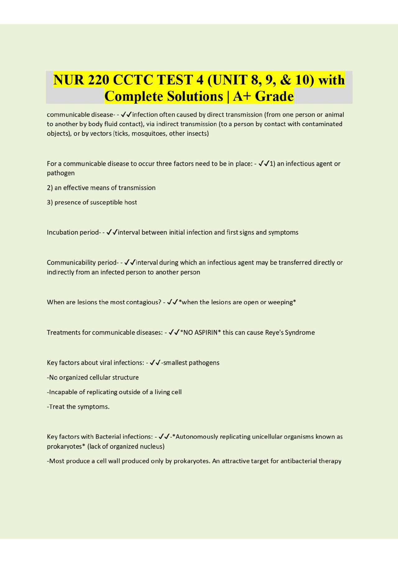 NUR 220 CCTC TEST 4 (UNIT 8, 9, & 10) with Complete Solutions | A+ ...