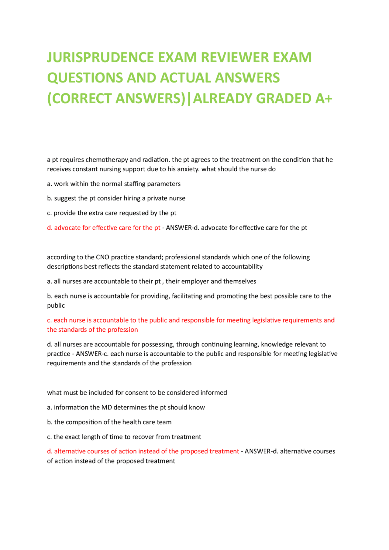 JURISPRUDENCE EXAM REVIEWER EXAM QUESTIONS AND ACTUAL ANSWERS (CORRECT ...