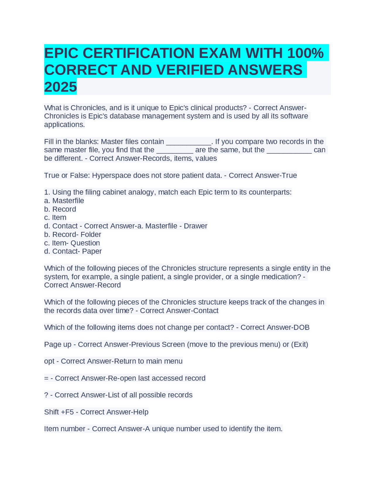 EPIC CERTIFICATION EXAM WITH 100% CORRECT AND VERIFIED ANSWERS 2025 ...