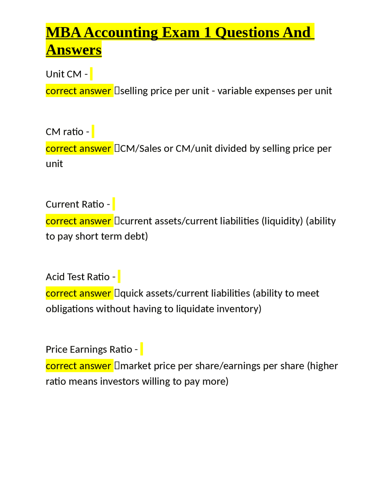 MBA Accounting Exam 1 Questions And Answers | Exams Accounting | Docsity