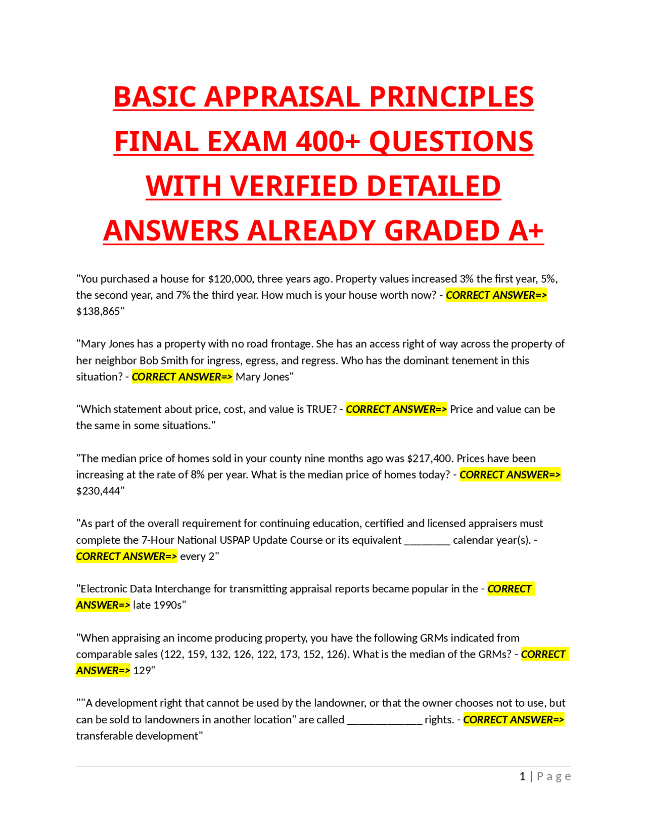 BASIC APPRAISAL PRINCIPLES FINAL EXAM 400+ QUESTIONS WITH VERIFIED ...